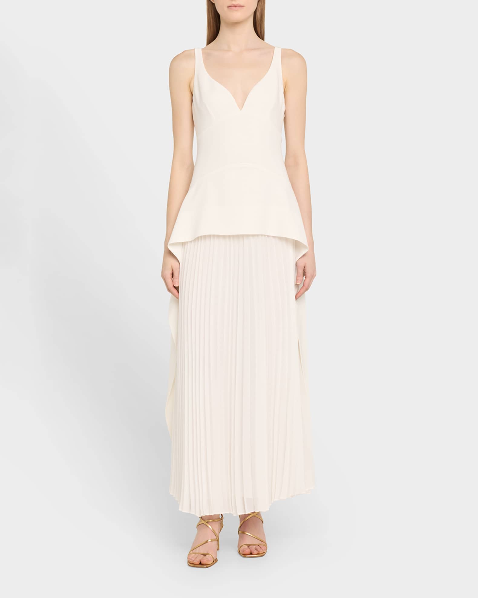 SIMKHAI Sequoia Pleated Combo Sleeveless V-Neck Midi Dress | Neiman Marcus