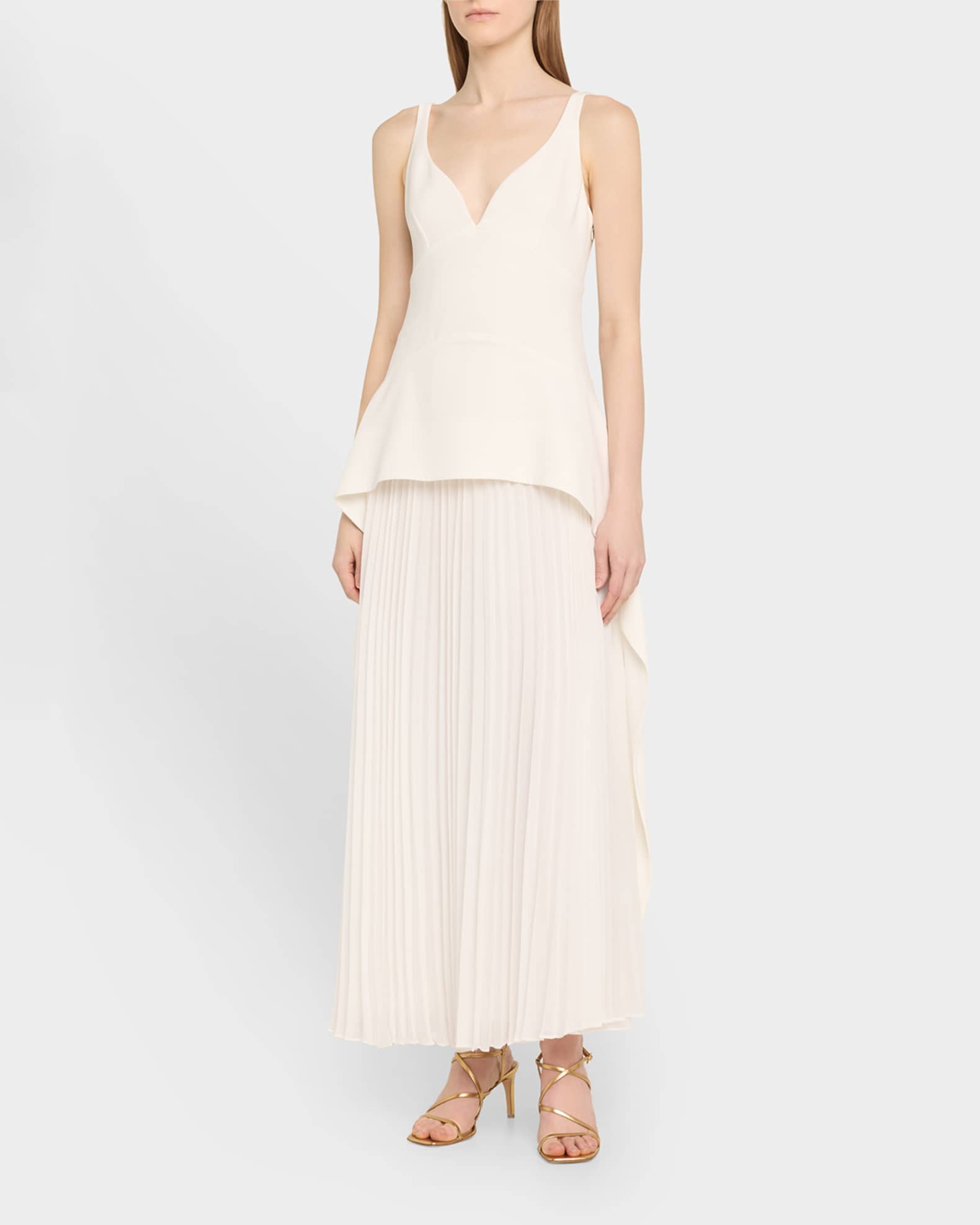 SIMKHAI Sequoia Pleated Combo Sleeveless V-Neck Midi Dress | Neiman Marcus