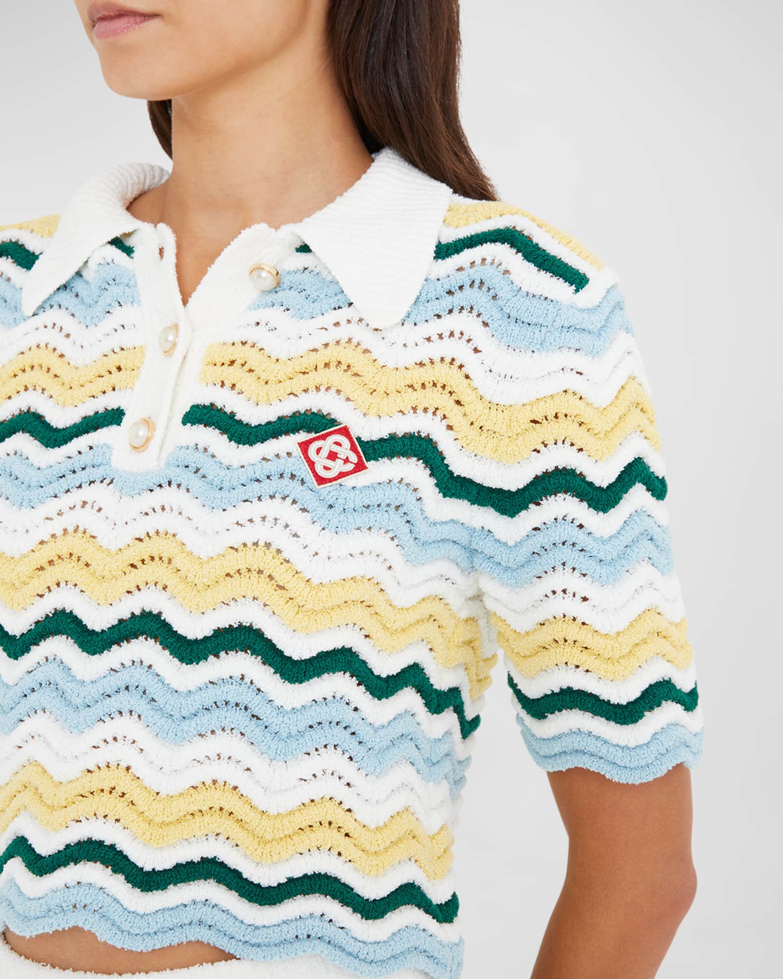 CASABLANCA Boucle Wave Knit Crop Polo Top | Neiman Marcus