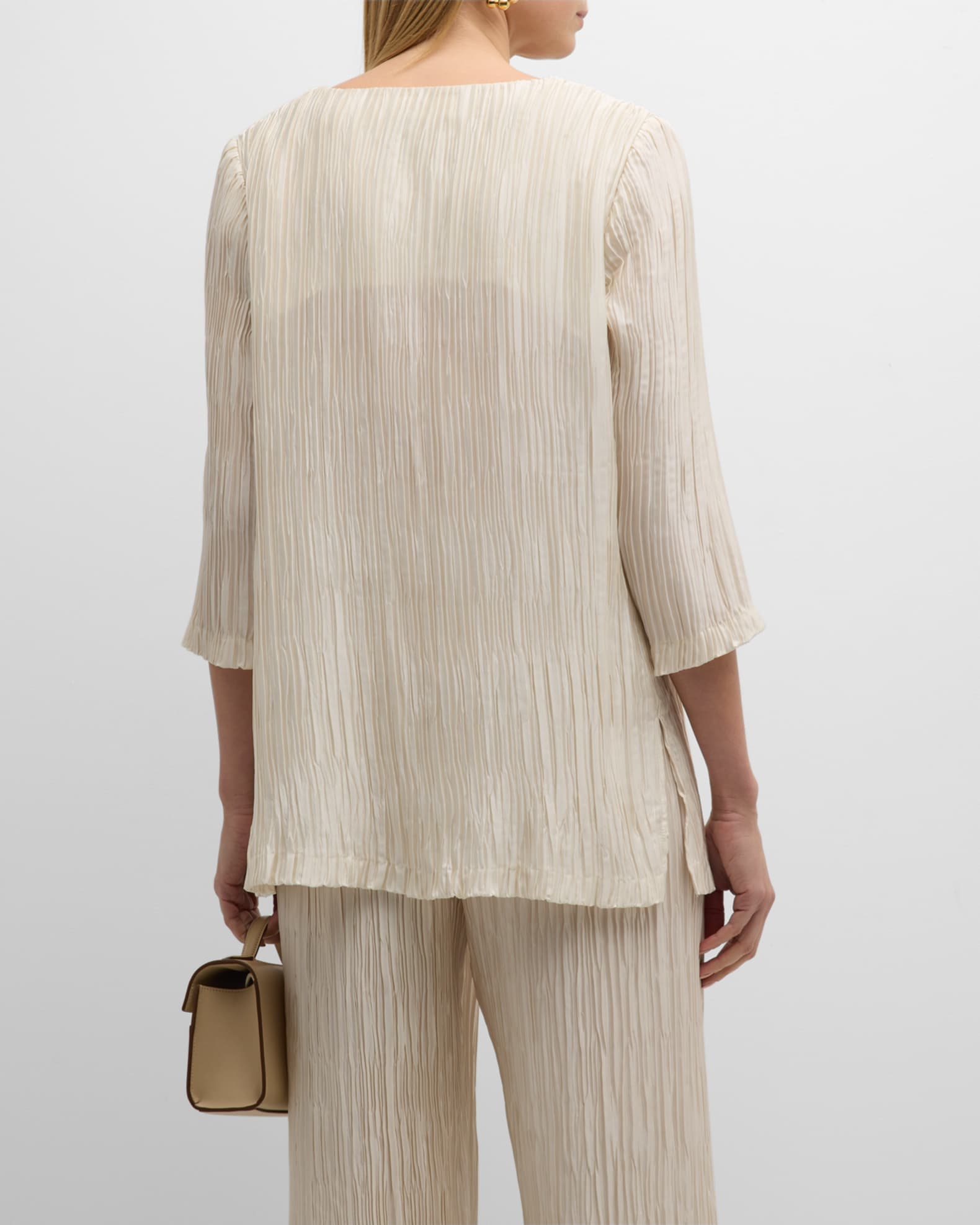 Caroline Rose Crinkled 3/4-Sleeve Scoop-Neck Top | Neiman Marcus