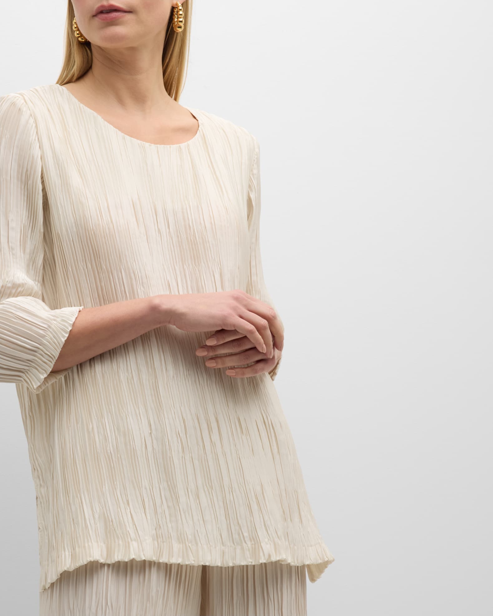 Caroline Rose Crinkled 3/4-Sleeve Scoop-Neck Top | Neiman Marcus