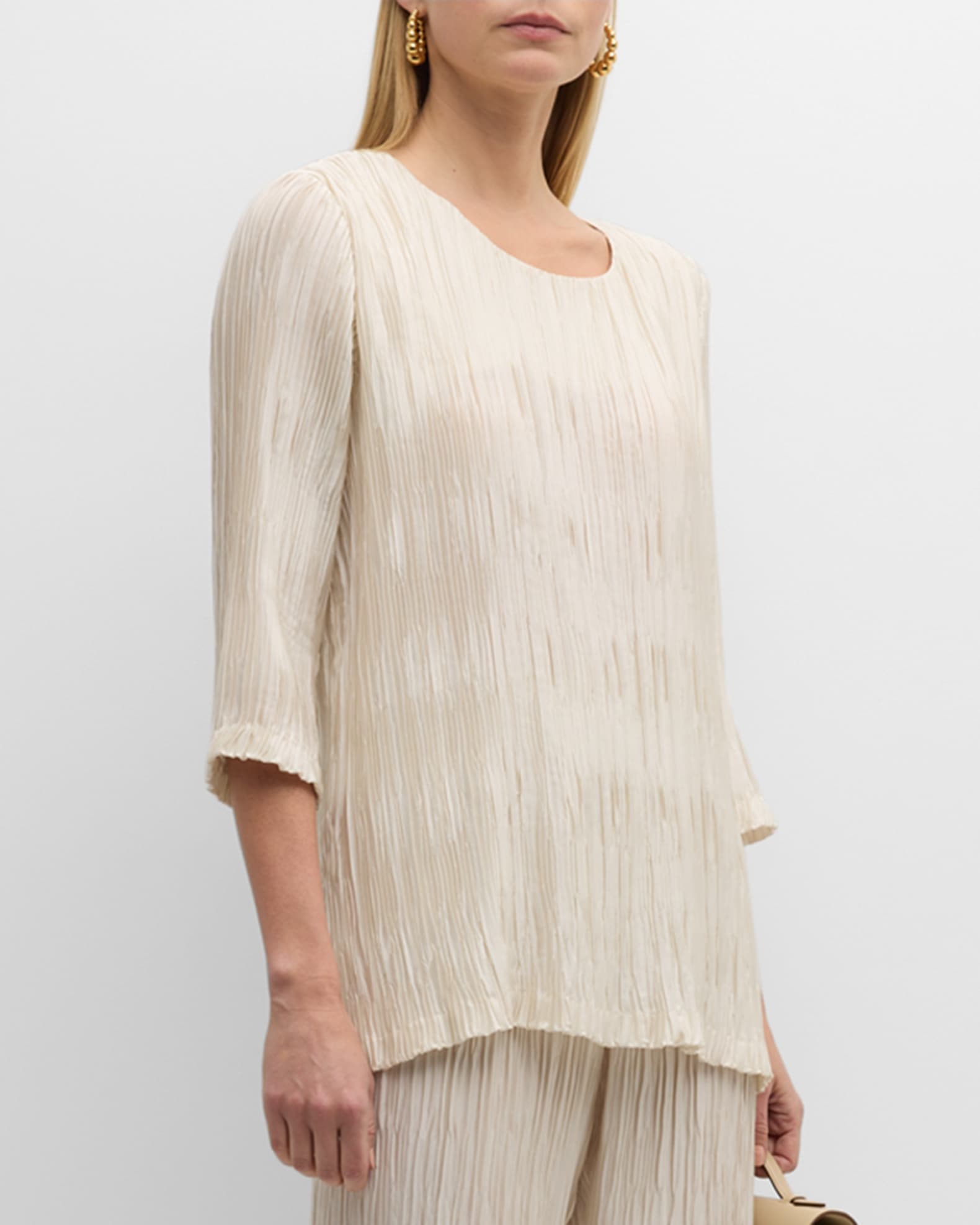 Caroline Rose Crinkled 3/4-Sleeve Scoop-Neck Top | Neiman Marcus