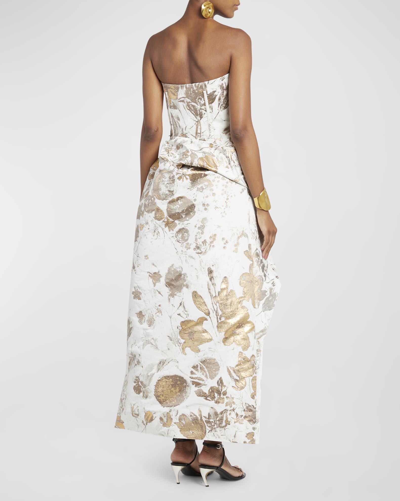 Alexander McQueen Metallic Floral Brocade Draped Strapless Midi Evening ...