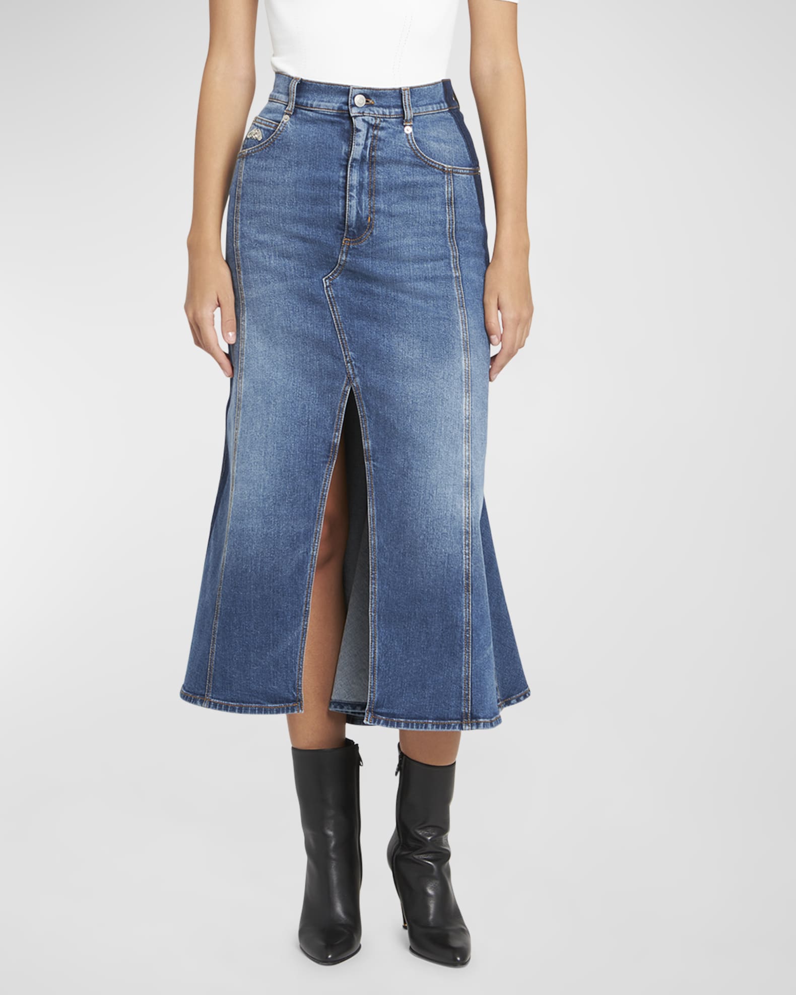 Alexander McQueen High-Waist Slit-Hem Denim Midi Skirt | Neiman Marcus