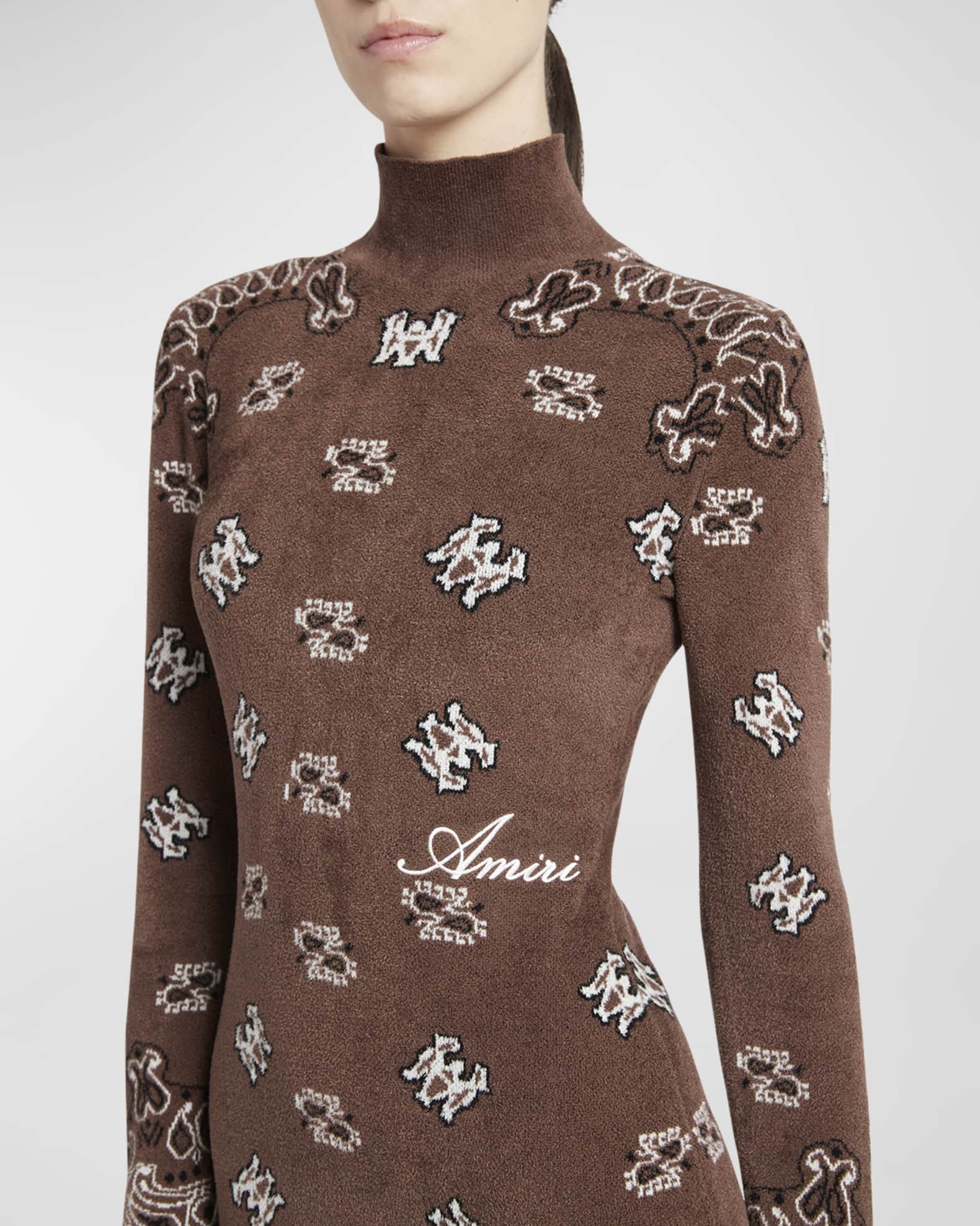 Amiri Logo Bandana Mock-Neck Long-Sleeve Knit Mini Dress | Neiman Marcus