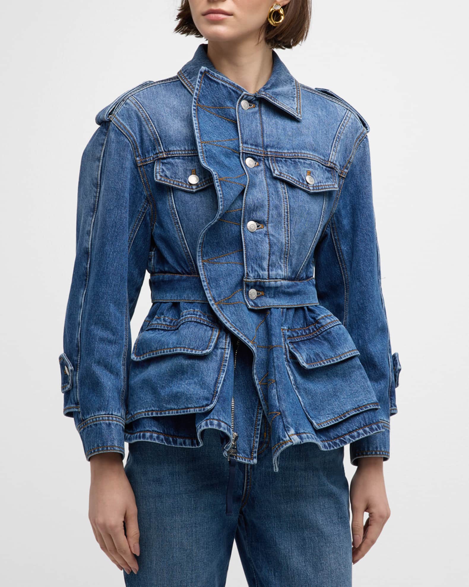 Alexander McQueen Ruffle Peplum Denim Jacket | Neiman Marcus