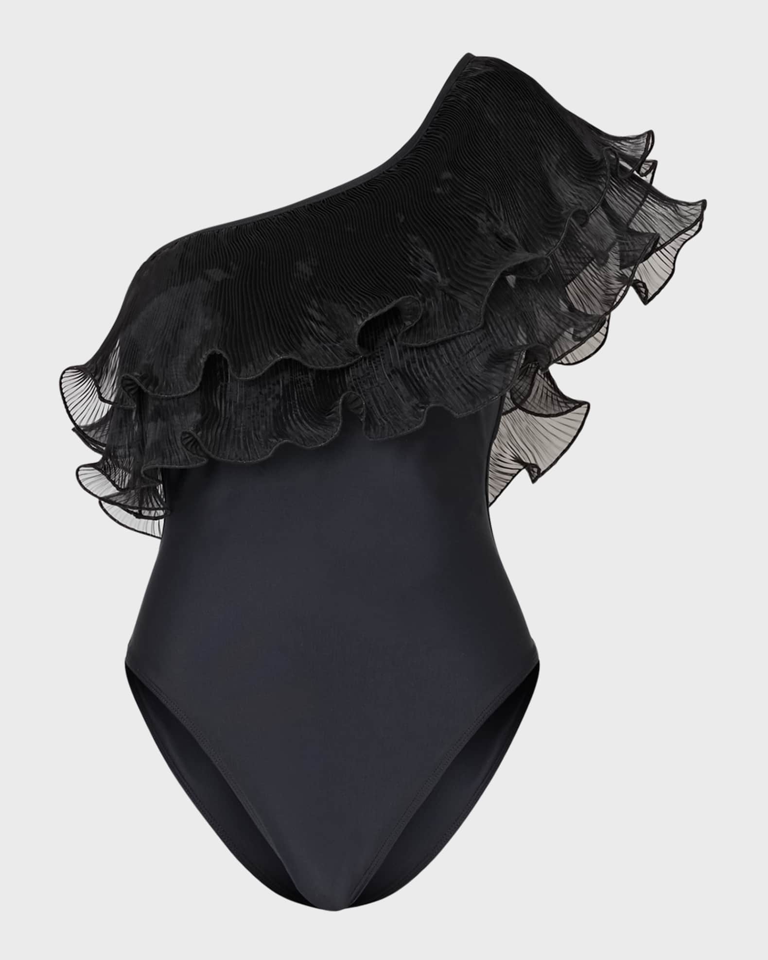 Milly Cabana Pleated Organza One-Shoulder One-Piece Swimsuit | Neiman ...
