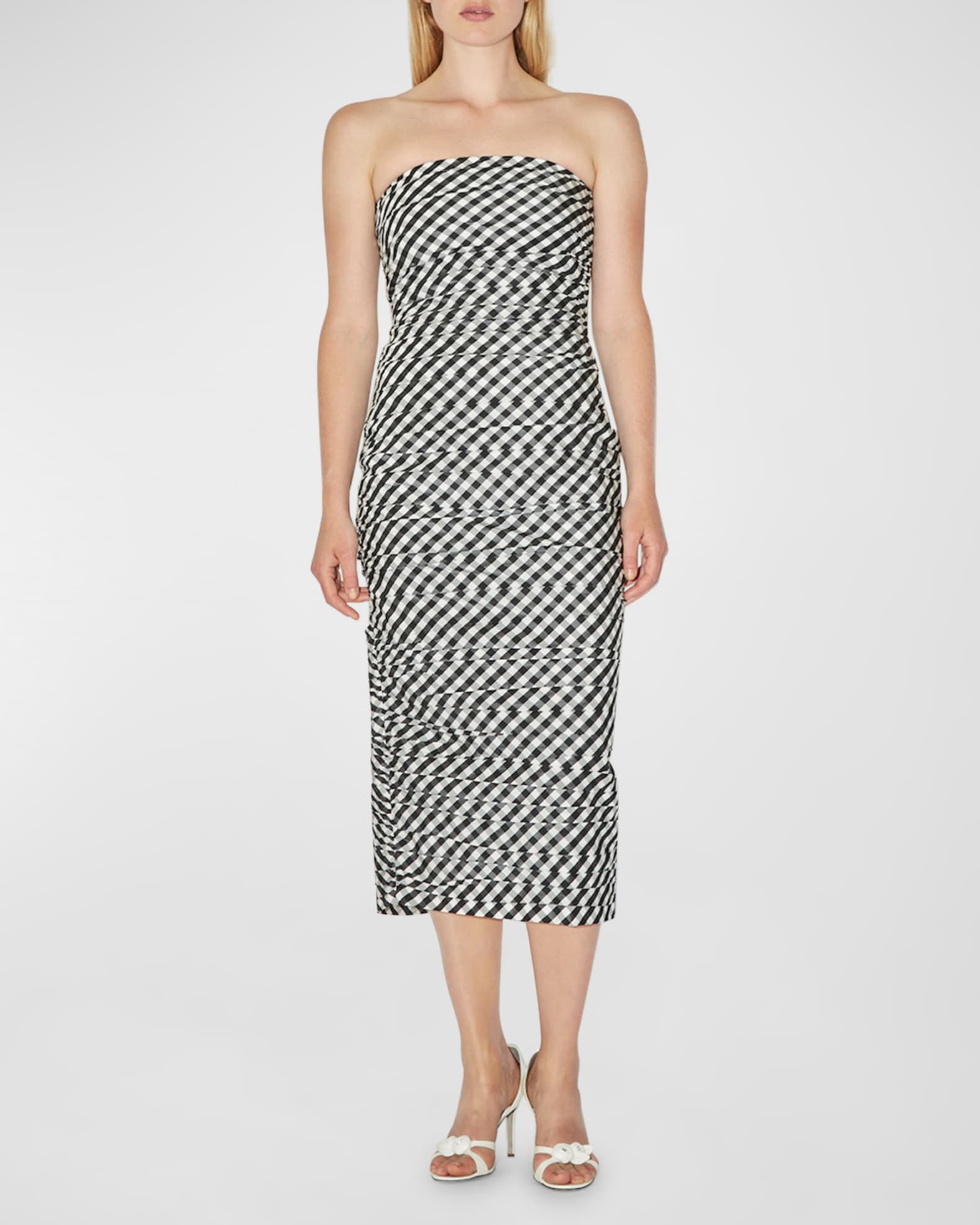 BERNADETTE Tia Gingham Ruched Strapless Midi Dress | Neiman Marcus