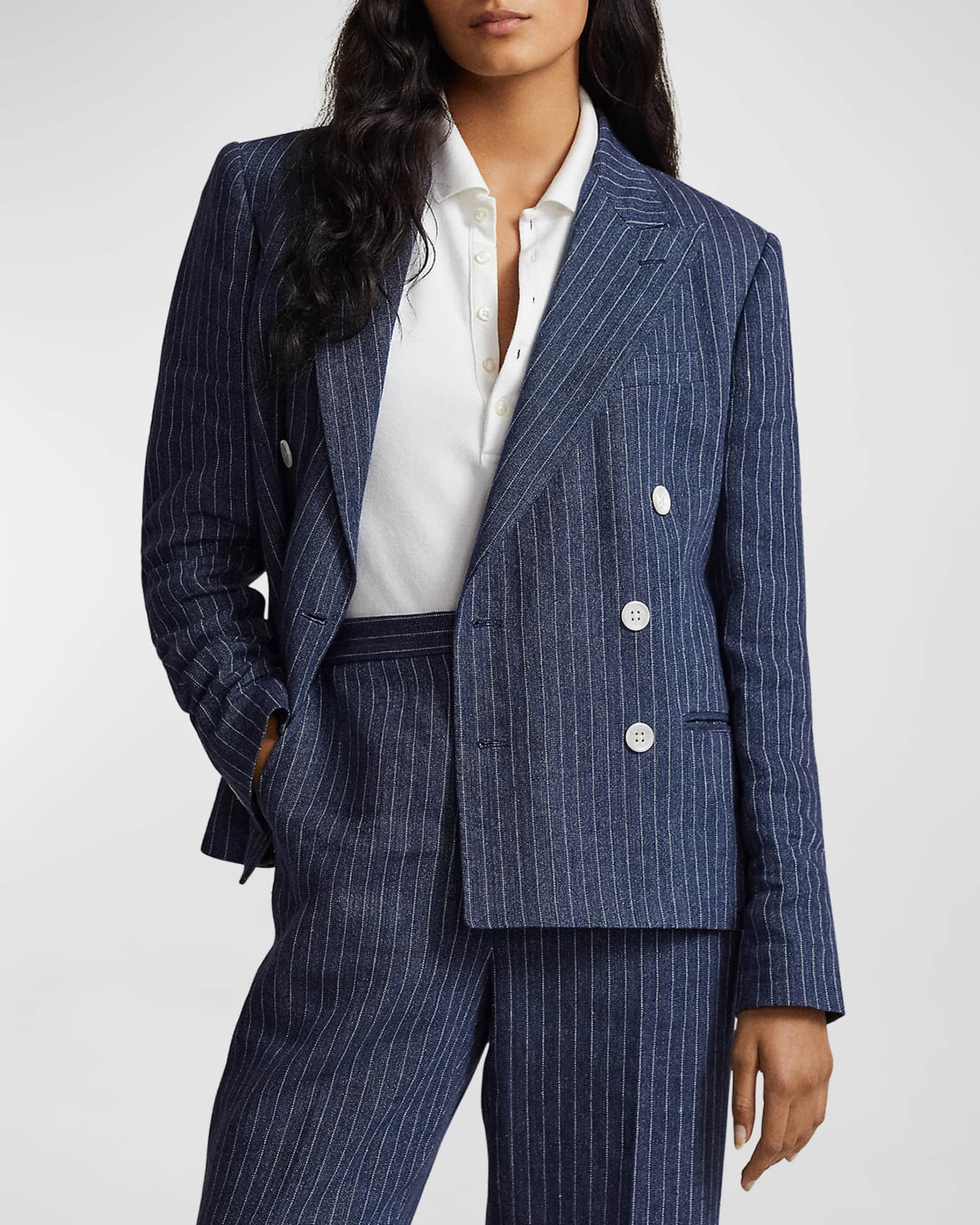 Polo Ralph Lauren Pinstripe Linen Double-Breasted Blazer | Neiman Marcus