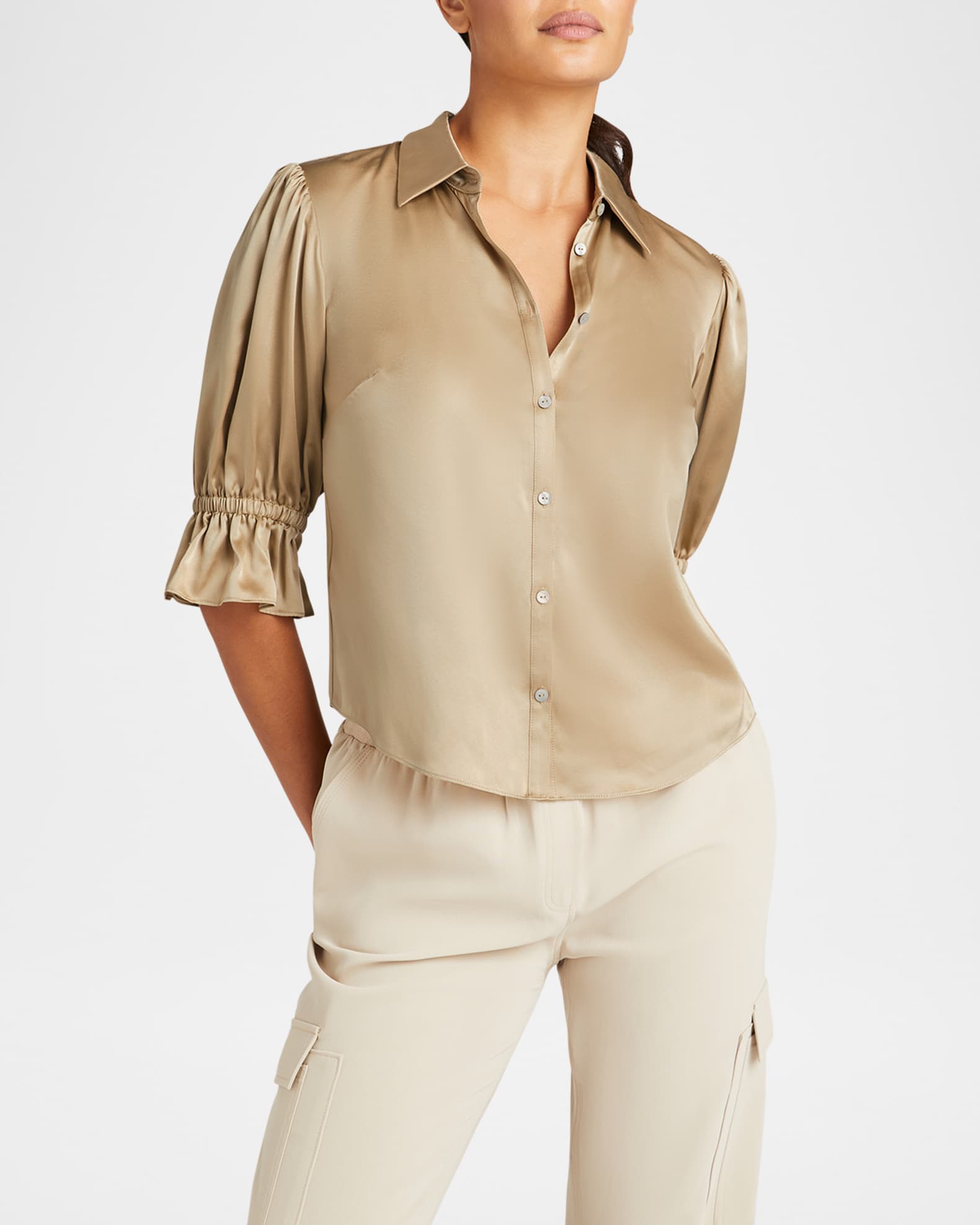 Cinq a Sept Fiona Silk Satin Short-Sleeve Top | Neiman Marcus