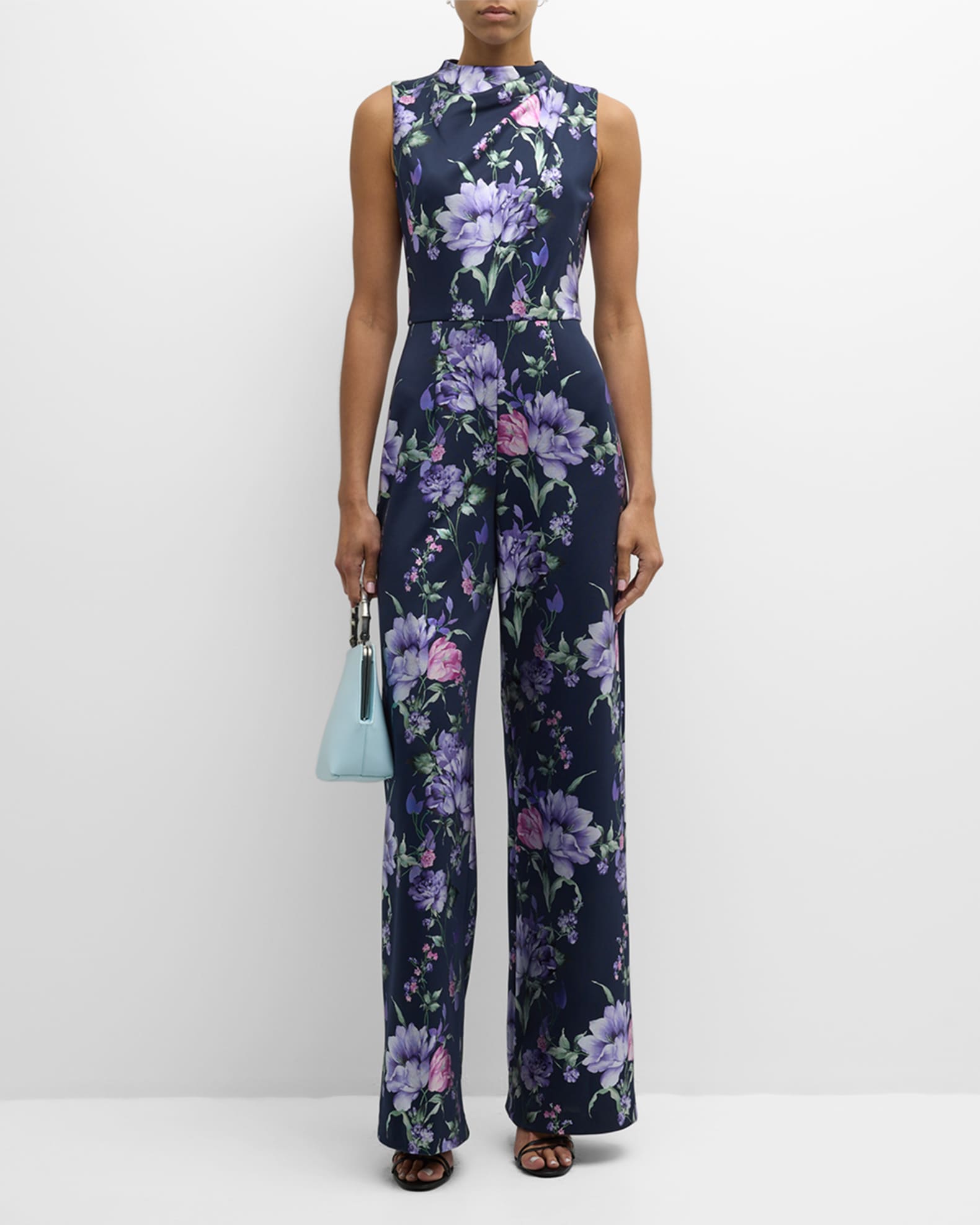 Black Halo Corrine Floral-Print Mock-Neck Jumpsuit | Neiman Marcus