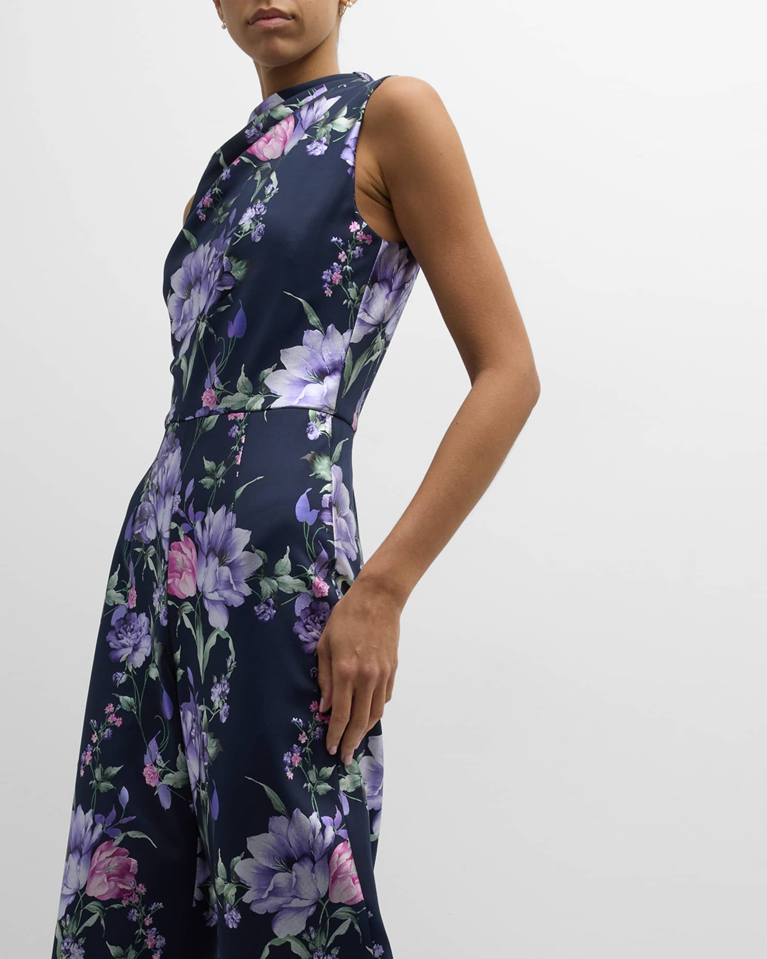 Black Halo Corrine Floral-Print Mock-Neck Jumpsuit | Neiman Marcus