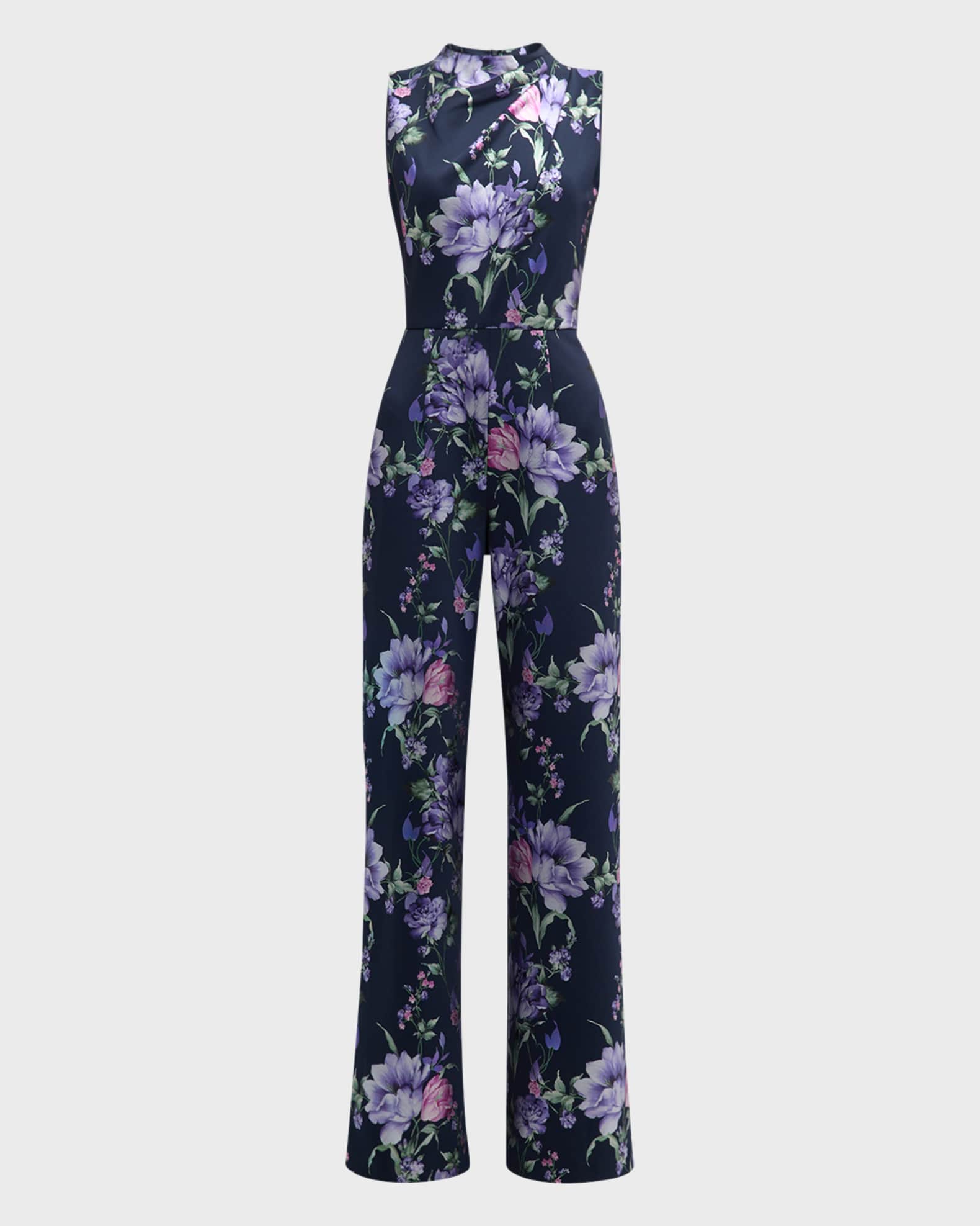 Black Halo Corrine Floral-Print Mock-Neck Jumpsuit | Neiman Marcus