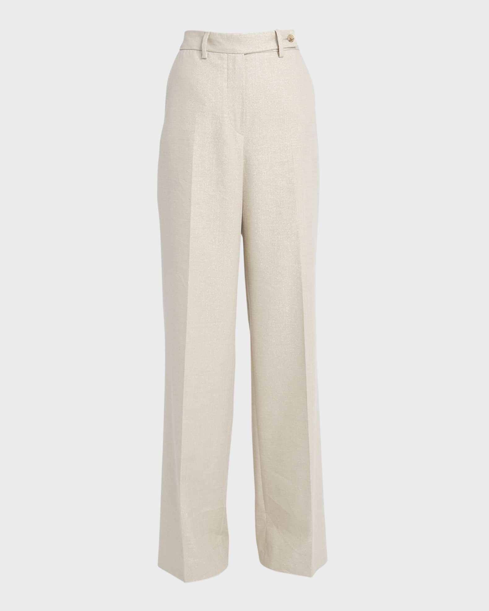 Kiton High-Rise Metallic Linen-Blend Wide-Leg Pants | Neiman Marcus