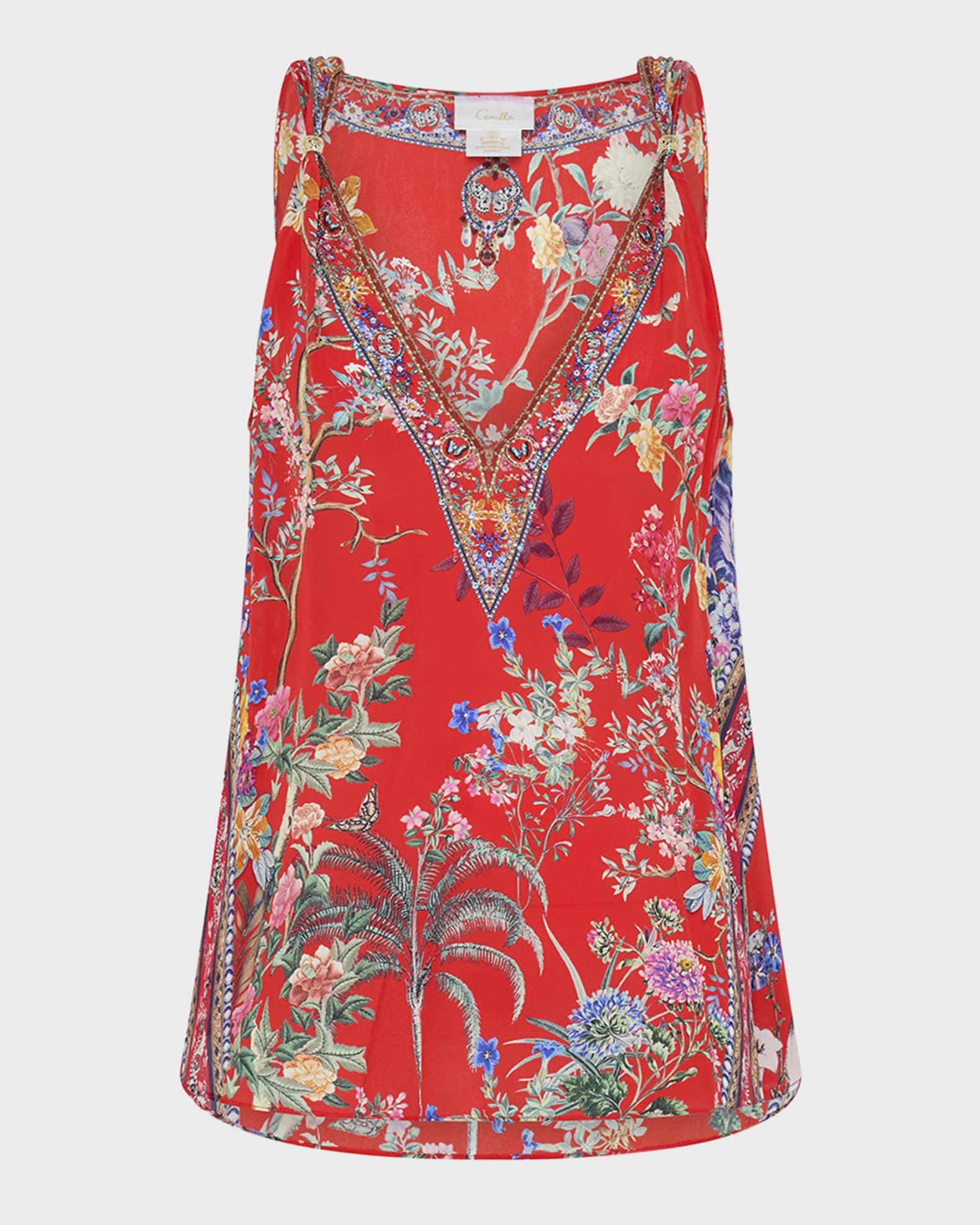 Camilla Silk Crepe Tank Top with Strap Bead Detail | Neiman Marcus