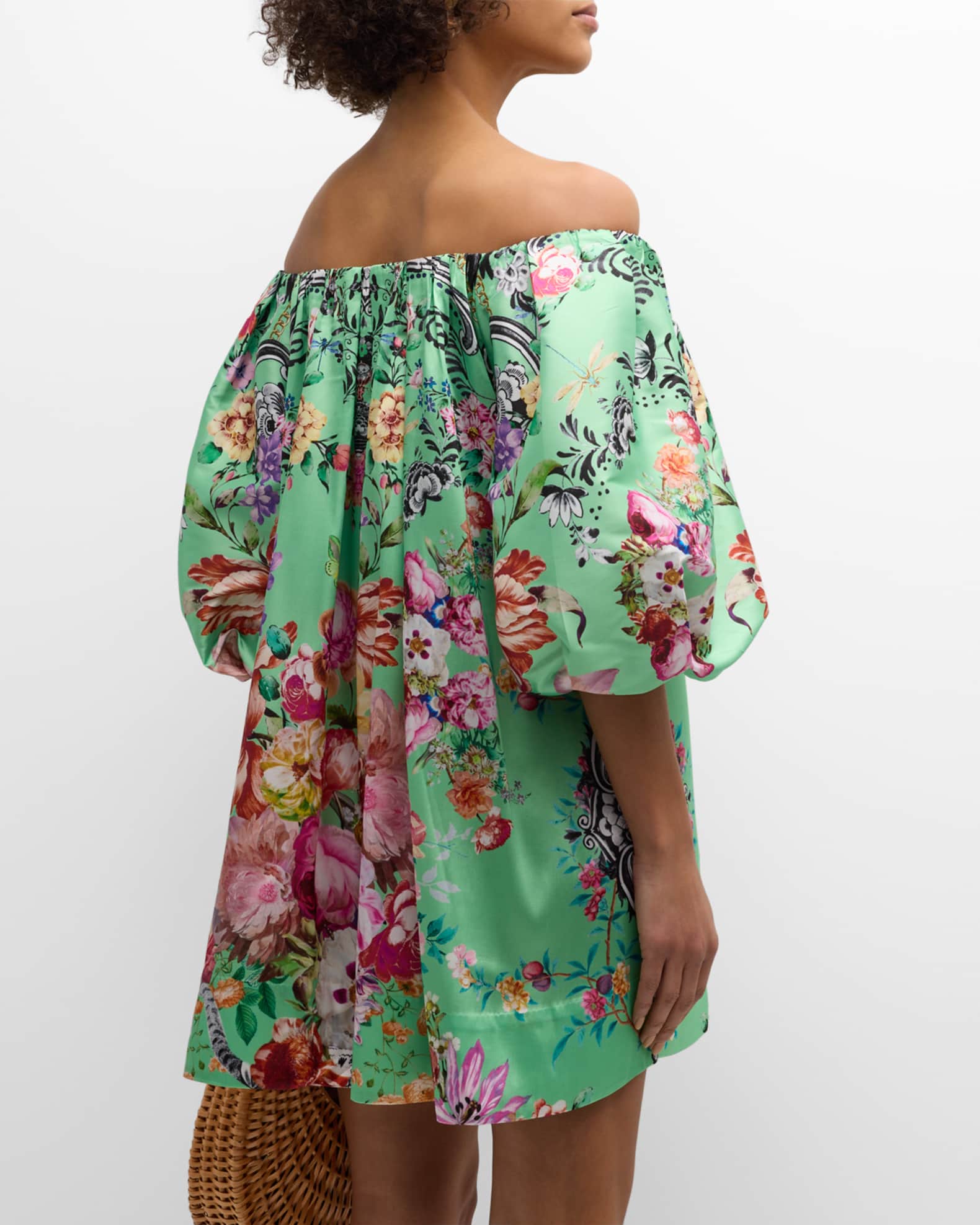 Camilla Off-Shoulder Puff-Sleeve Floral Mini Dress | Neiman Marcus