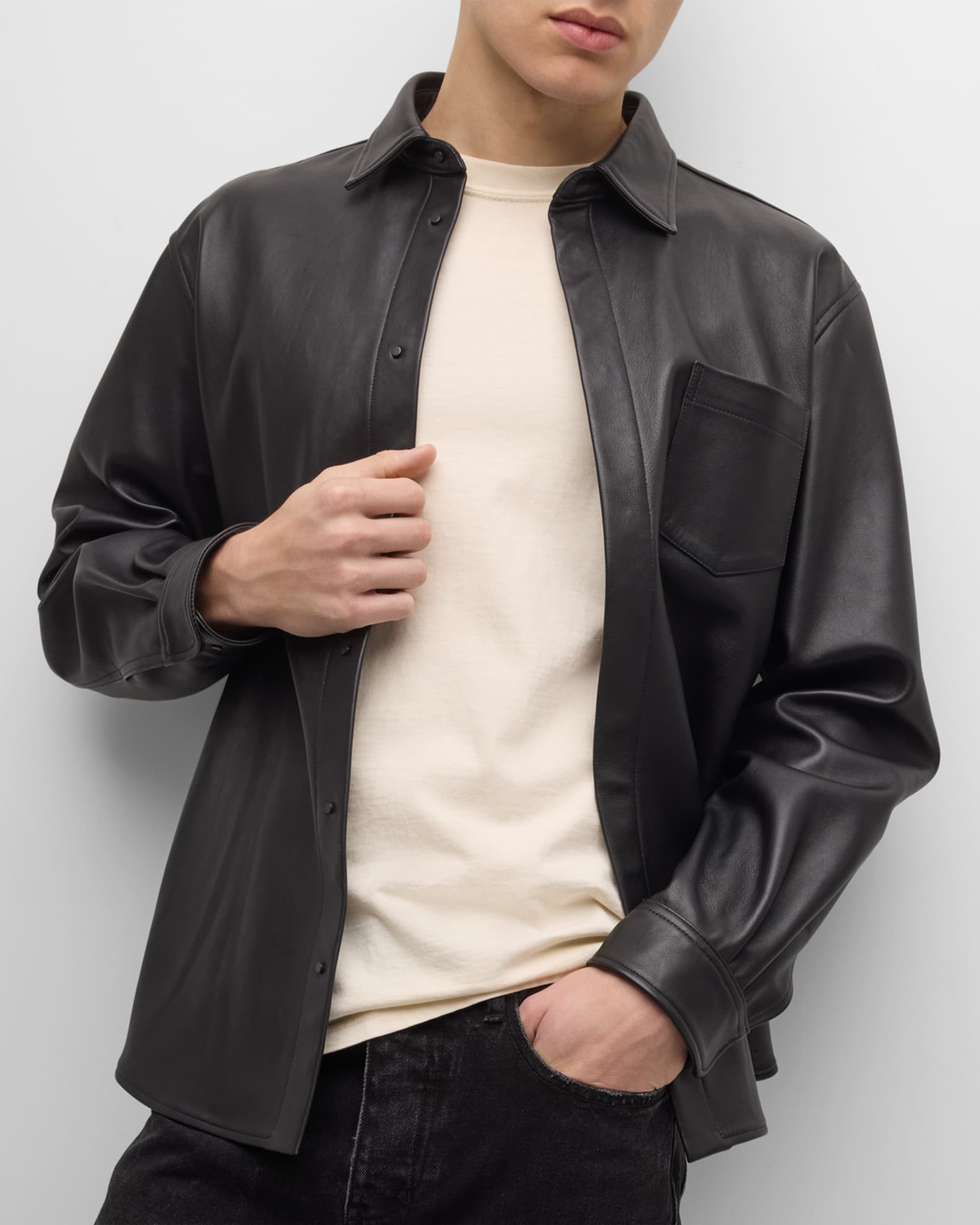 John Elliott Men's Leather Cloak Shirt | Neiman Marcus