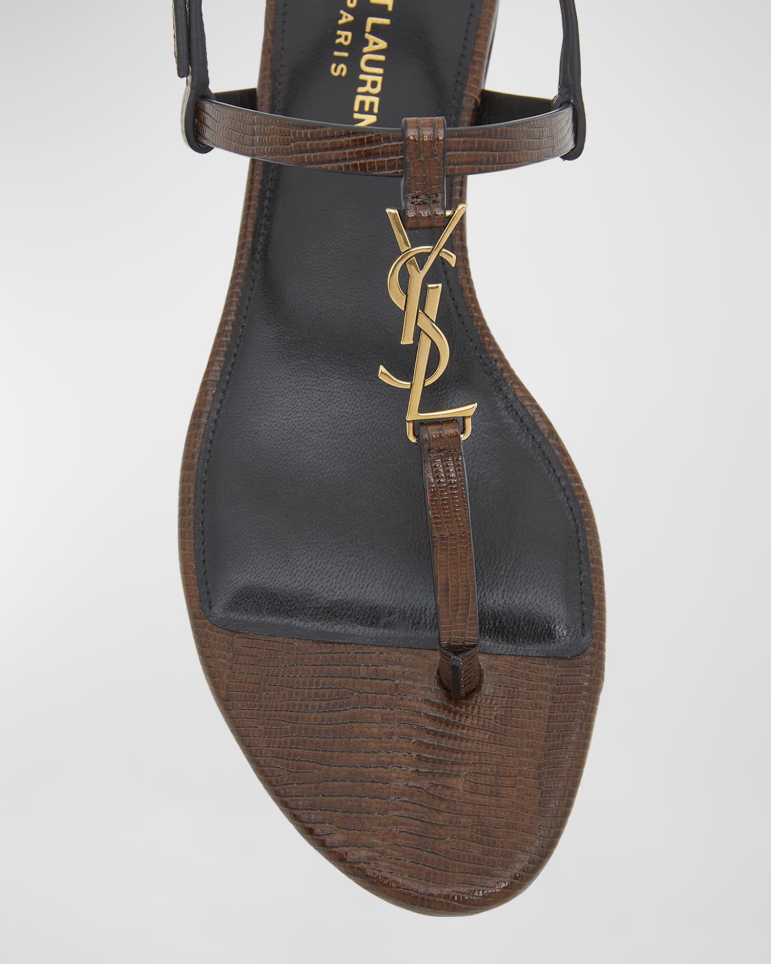 Saint Laurent Cassandra Embossed YSL T-Strap Sandals | Neiman Marcus