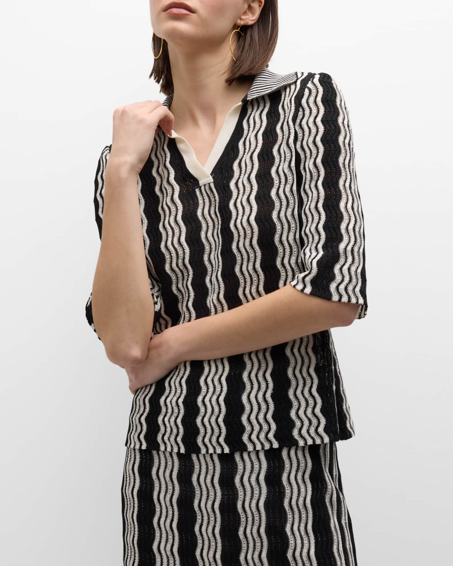 Misook Elbow-Sleeve Wavy Pointelle-Knit Tunic | Neiman Marcus