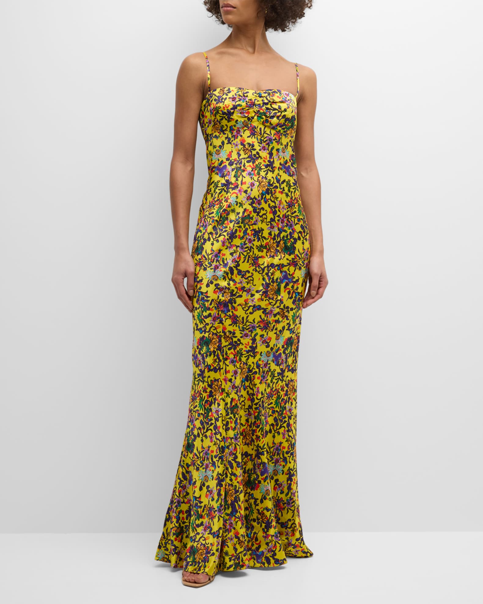 Saloni Renee Long Floral Silk Spaghetti-Strap Dress | Neiman Marcus