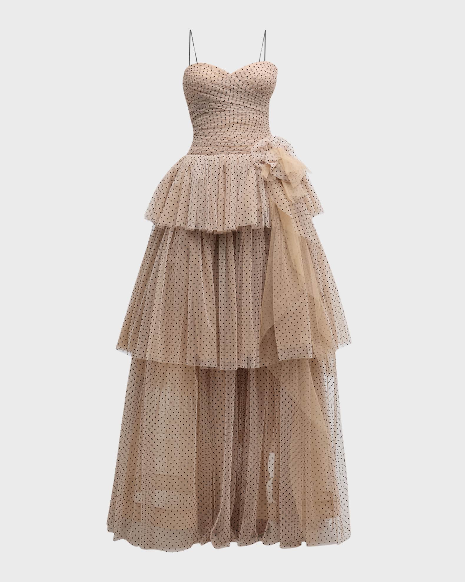 Atelier Prabal Gurung Estelle Polka-Dot Strapless Tiered Gown | Neiman ...