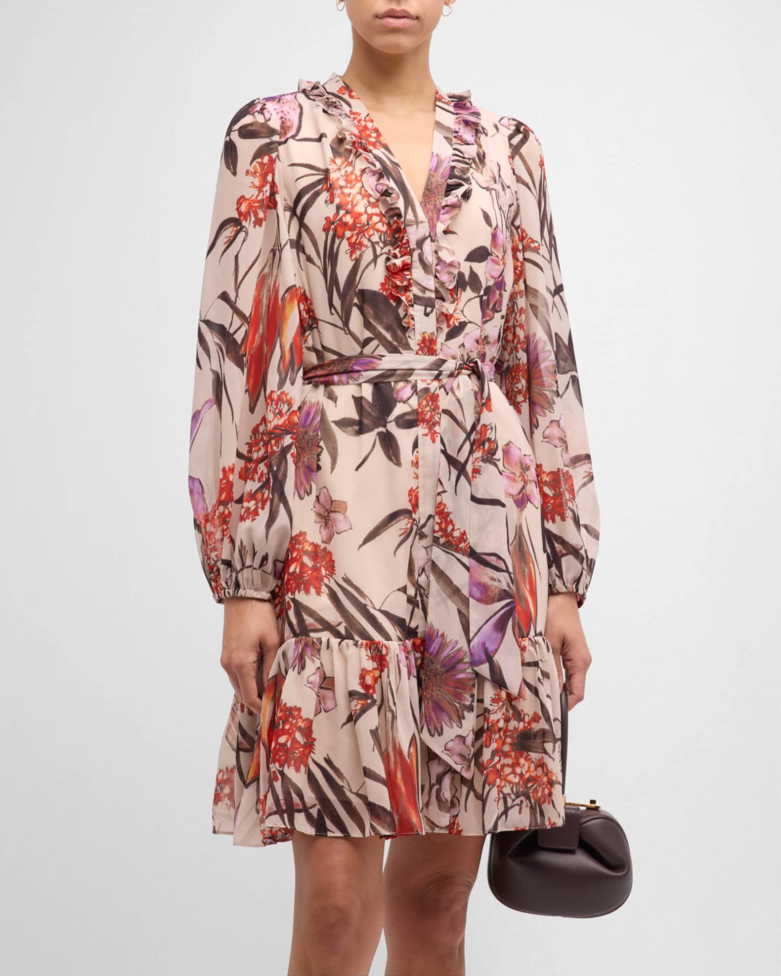 Kobi Halperin Samara Floral-Print Ruffle Satin Midi Dress | Neiman Marcus