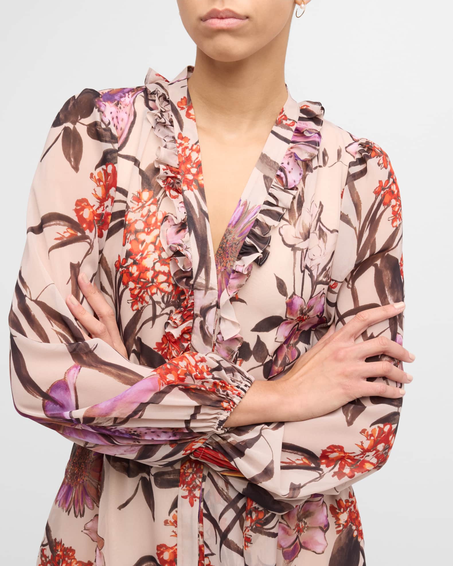 Kobi Halperin Samara Floral-Print Ruffle Satin Midi Dress | Neiman Marcus