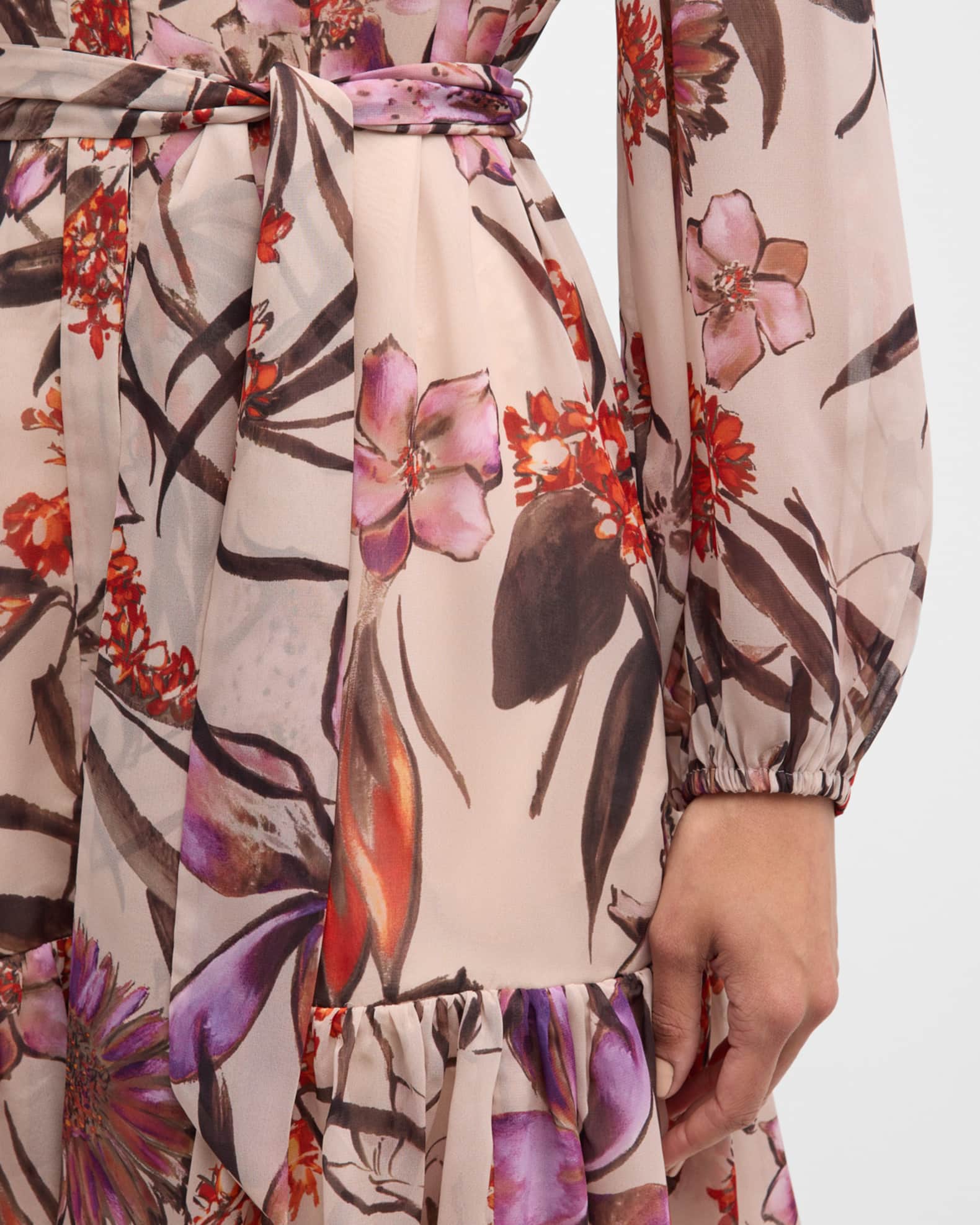 Kobi Halperin Samara Floral-Print Ruffle Satin Midi Dress | Neiman Marcus