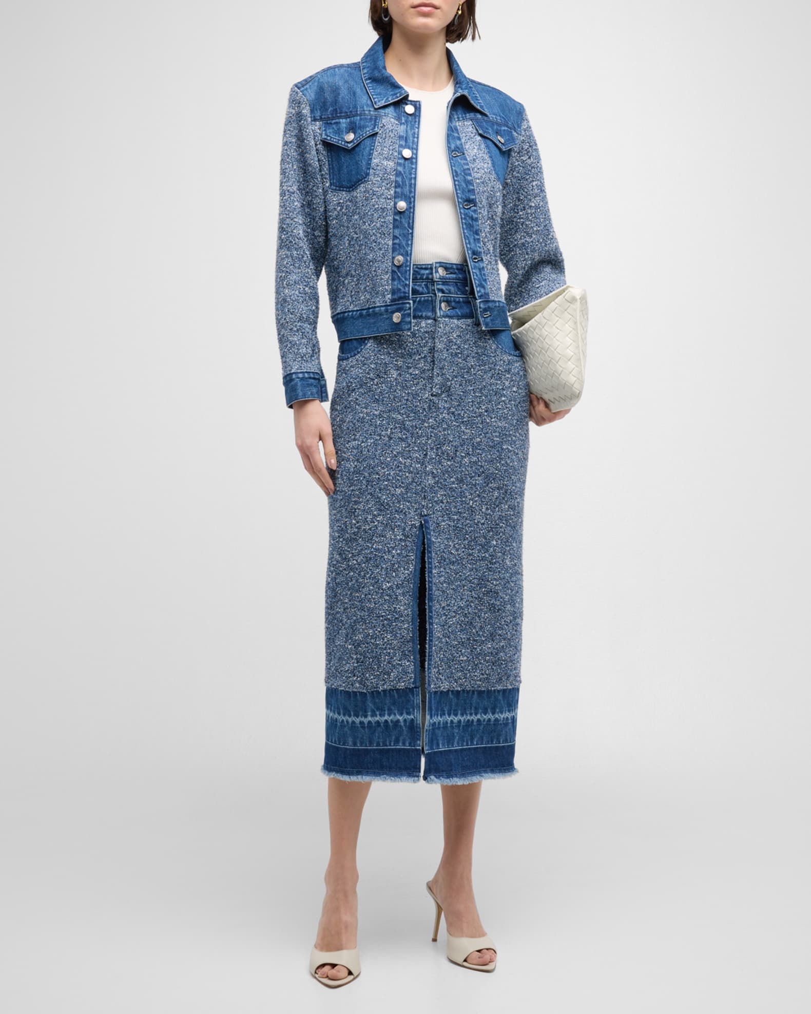 SIMKHAI Maddy Combo Denim Knit Midi Skirt | Neiman Marcus