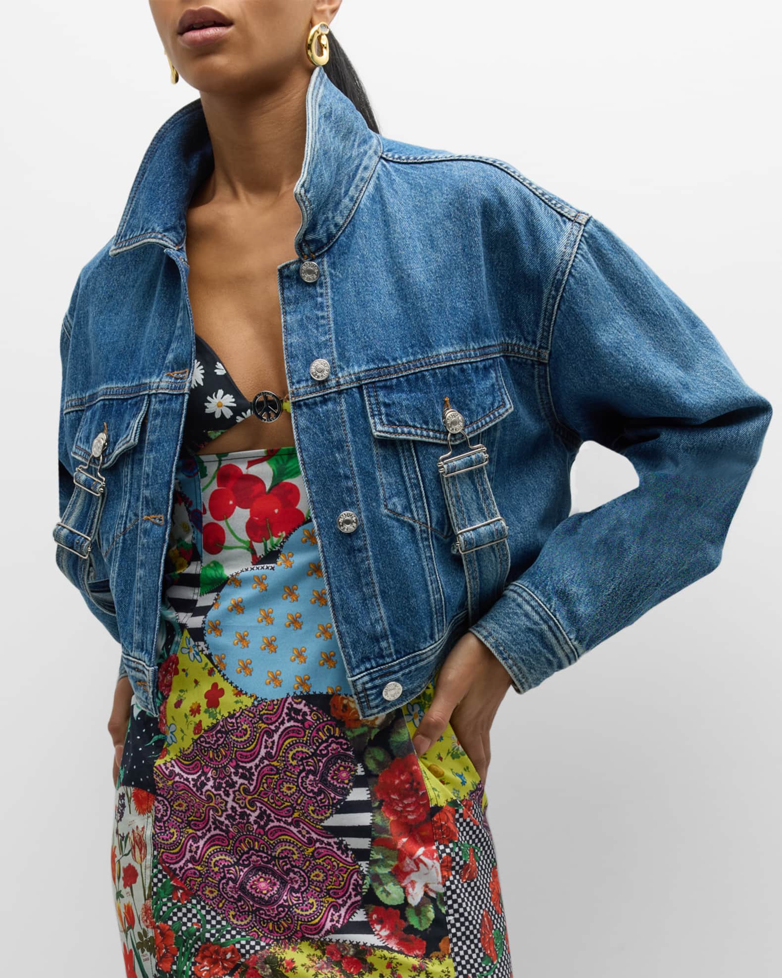 Moschino Jeans Cropped Denim Suspender Jacket | Neiman Marcus