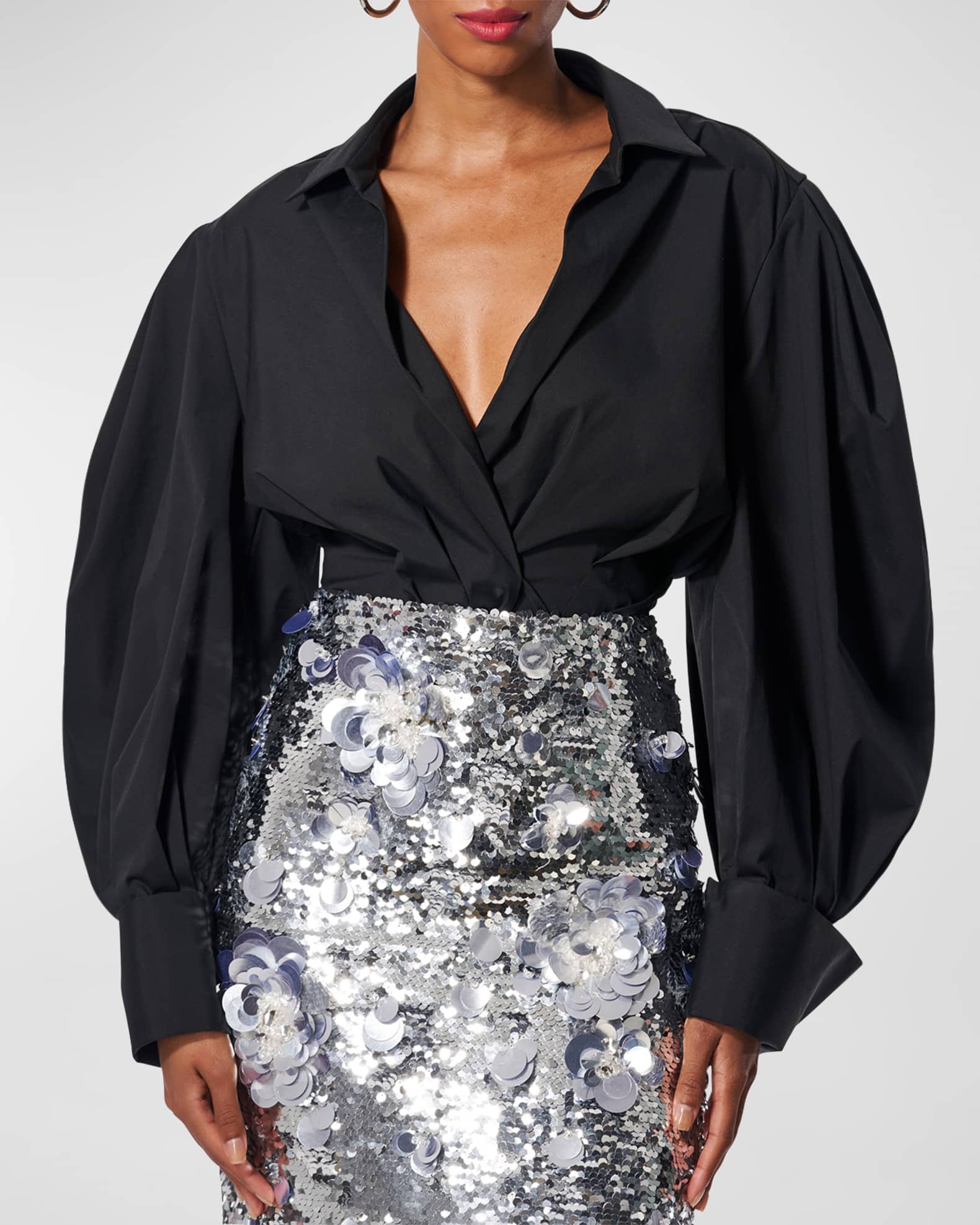 Carolina Herrera Collared Puff-Sleeve French-Cuff Wrap Top | Neiman Marcus