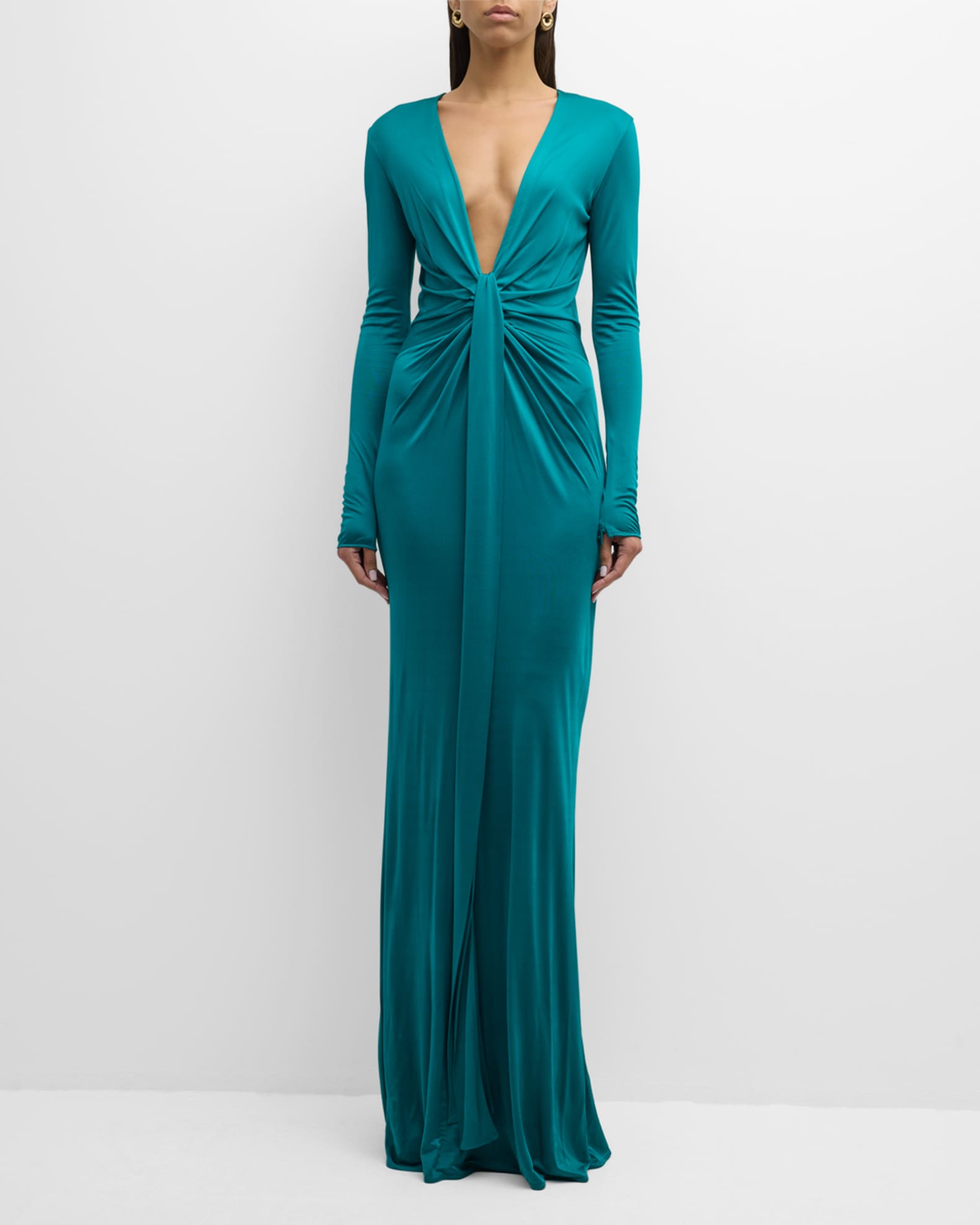 Roberto Cavalli Plunging Draped Long-Sleeve Gown | Neiman Marcus