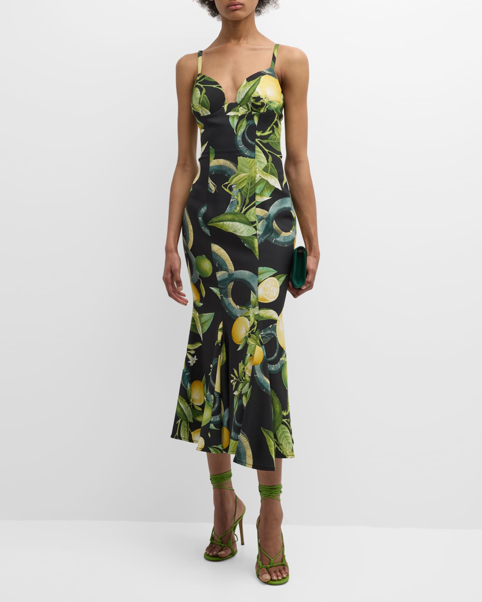 Roberto Cavalli Lemon-Print Sleeveless Trumpet Midi Dress | Neiman Marcus