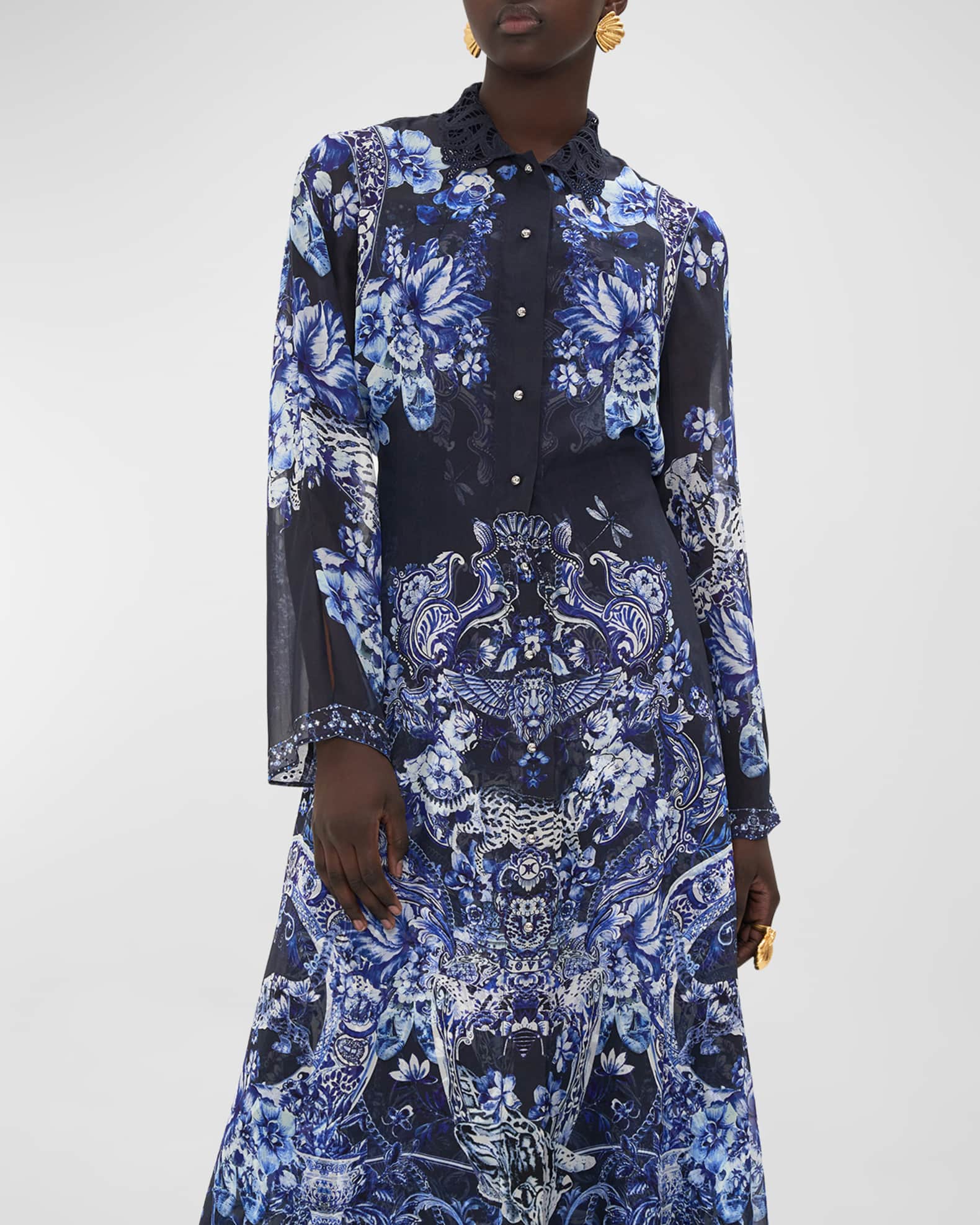 Camilla Delft Dynasty Chiffon Maxi Dress with Cutwork Lace Collar ...