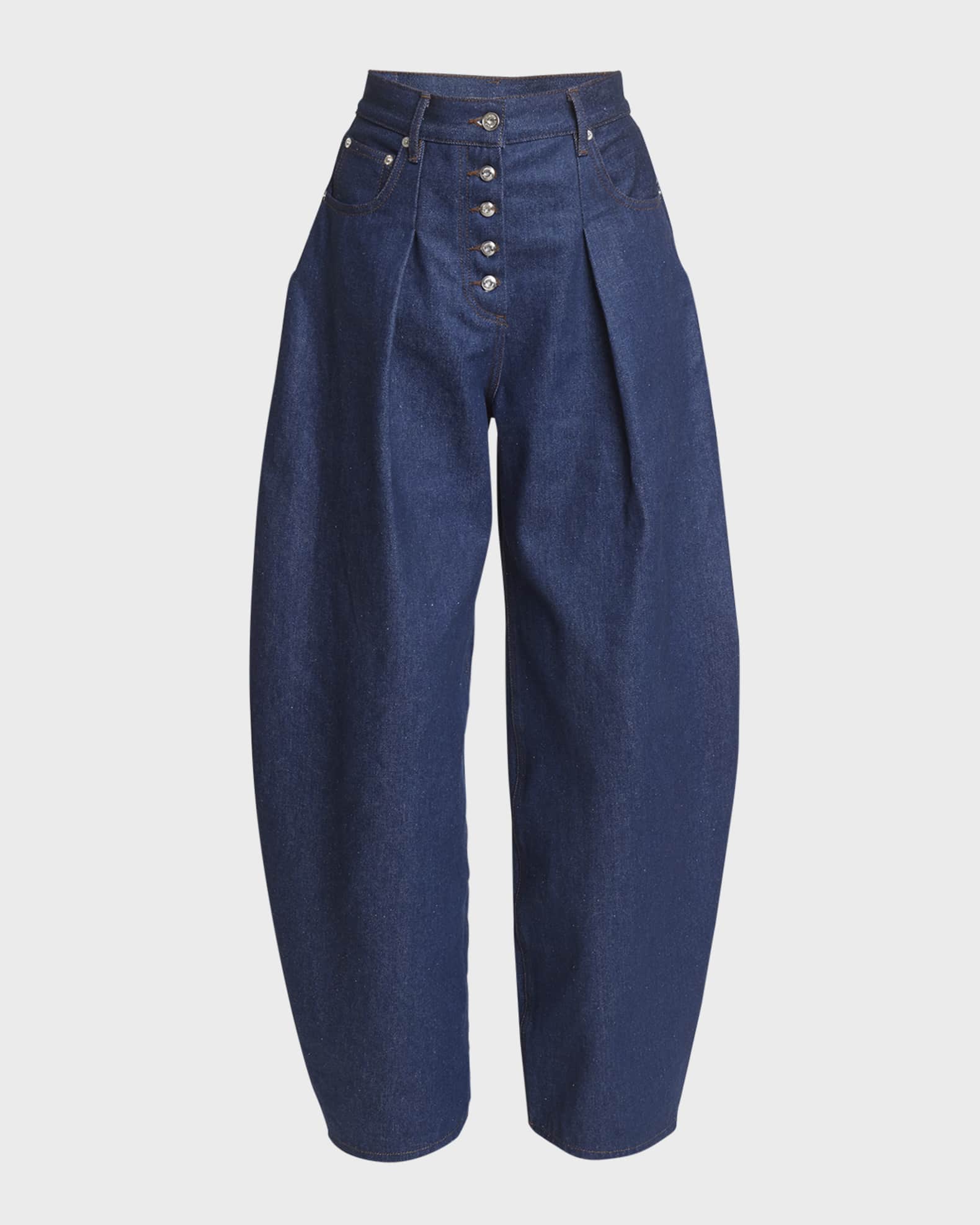 Jacquemus Ovalo Curved Wide-Leg Button-Fly Jeans | Neiman Marcus