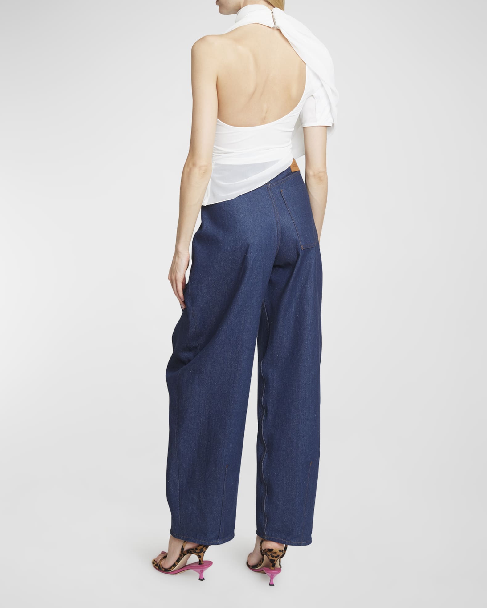 Jacquemus Ovalo Curved Wide-Leg Button-Fly Jeans | Neiman Marcus