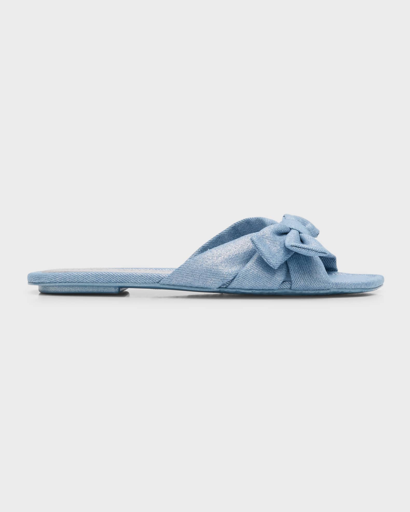 Stuart Weitzman Sofia Metallic Denim Bow Slide Sandals | Neiman Marcus