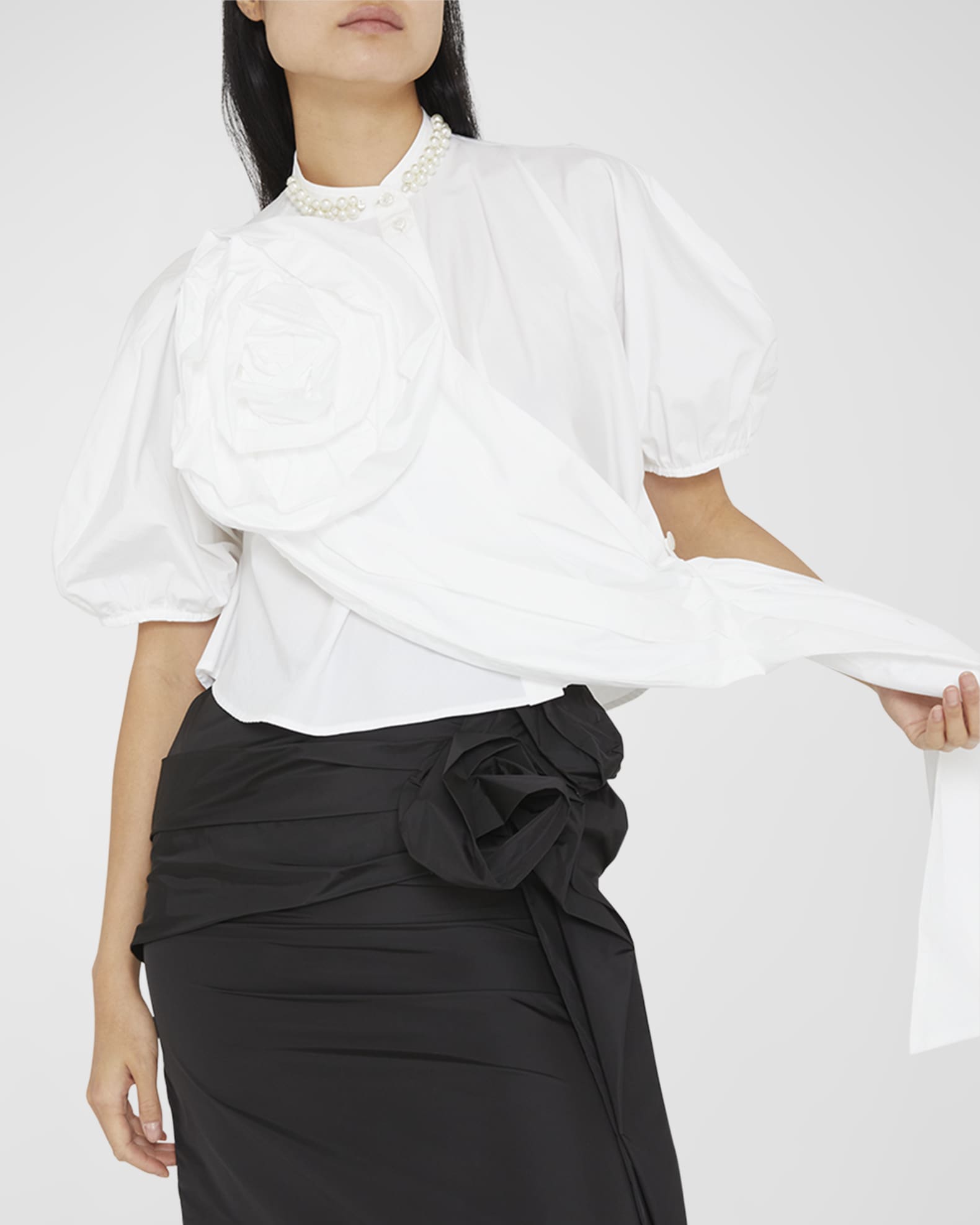 Simone Rocha Beaded Rose-Sash Puff-Sleeve Crop Shirt | Neiman Marcus