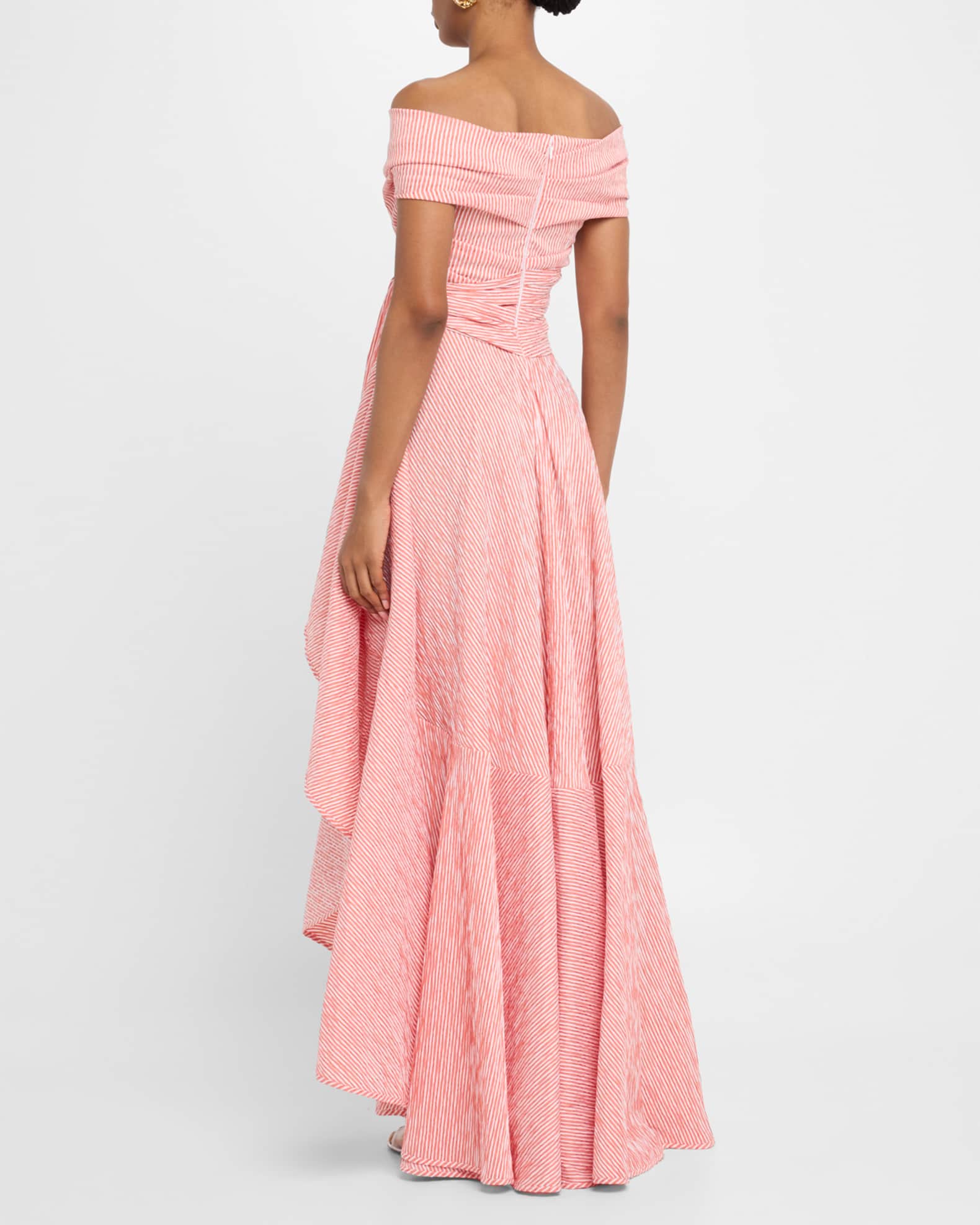 Talbot Runhof Seersucker Off-The-Shoulder Waist-Tie High-Low Dress ...