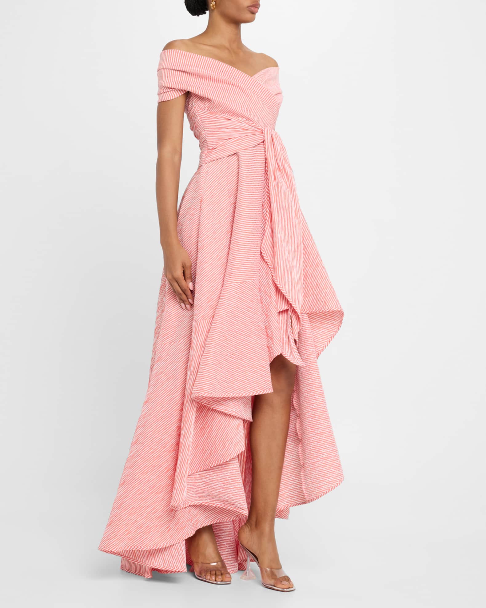 Talbot Runhof Seersucker Off-The-Shoulder Waist-Tie High-Low Dress ...