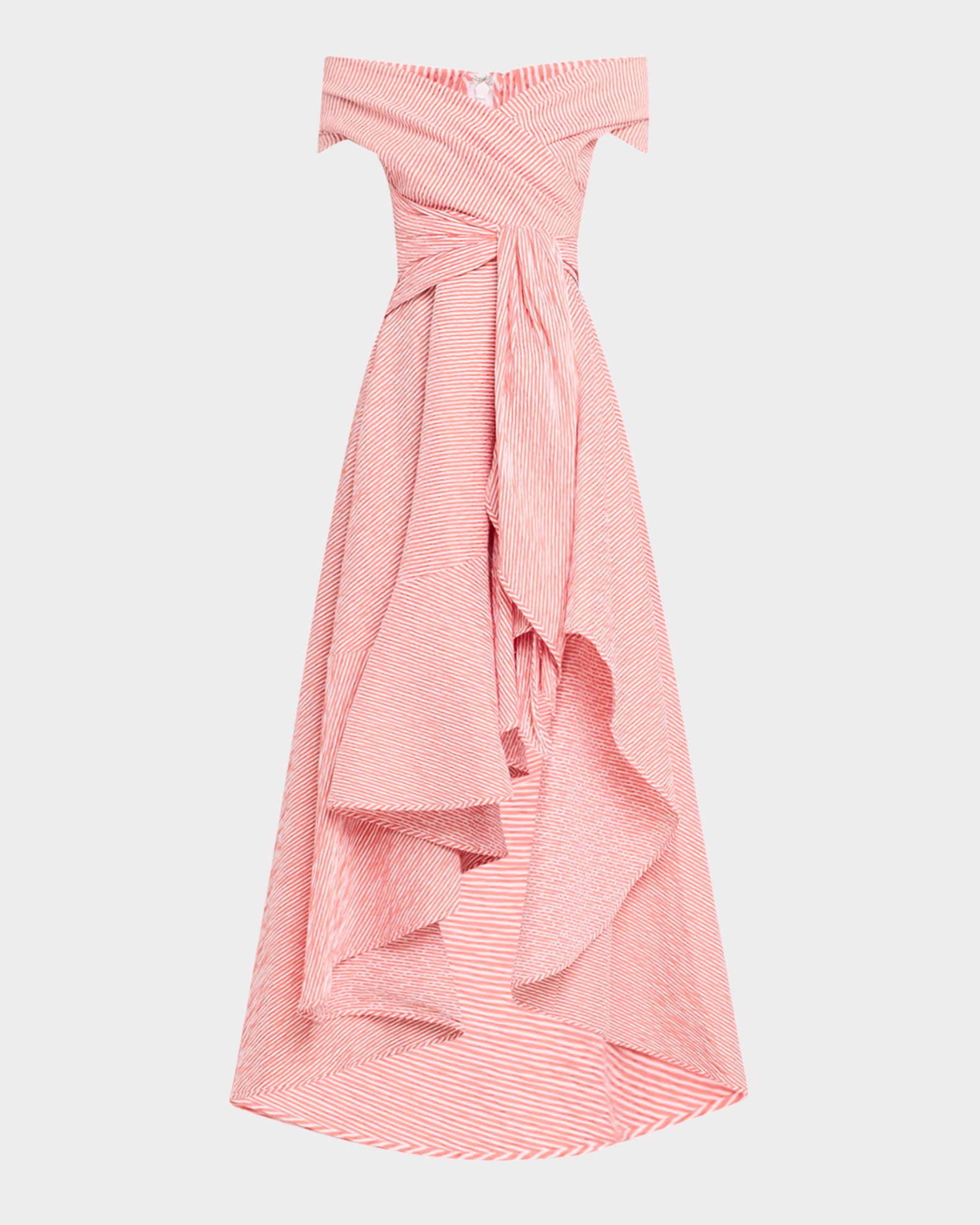 Talbot Runhof Seersucker Off-The-Shoulder Waist-Tie High-Low Dress ...