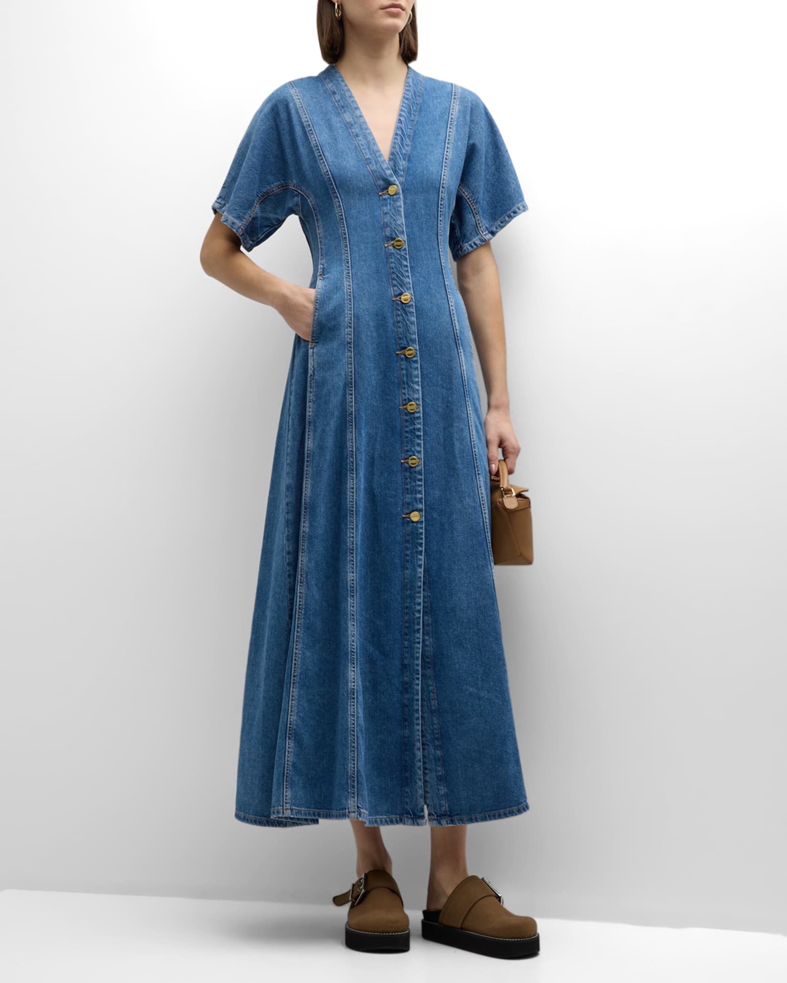 Ganni Future Short-Sleeve Denim Maxi Dress | Neiman Marcus