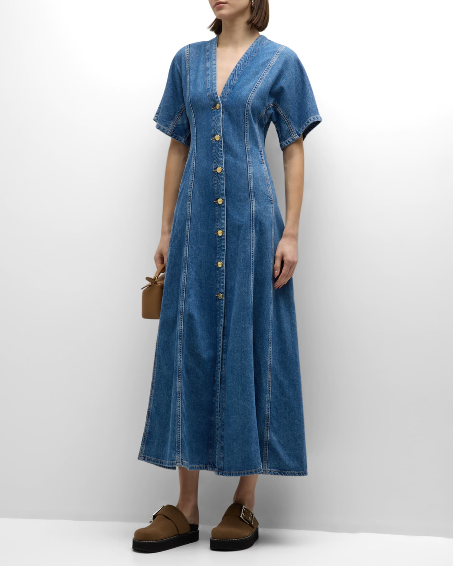 Ganni Future Short-Sleeve Denim Maxi Dress | Neiman Marcus