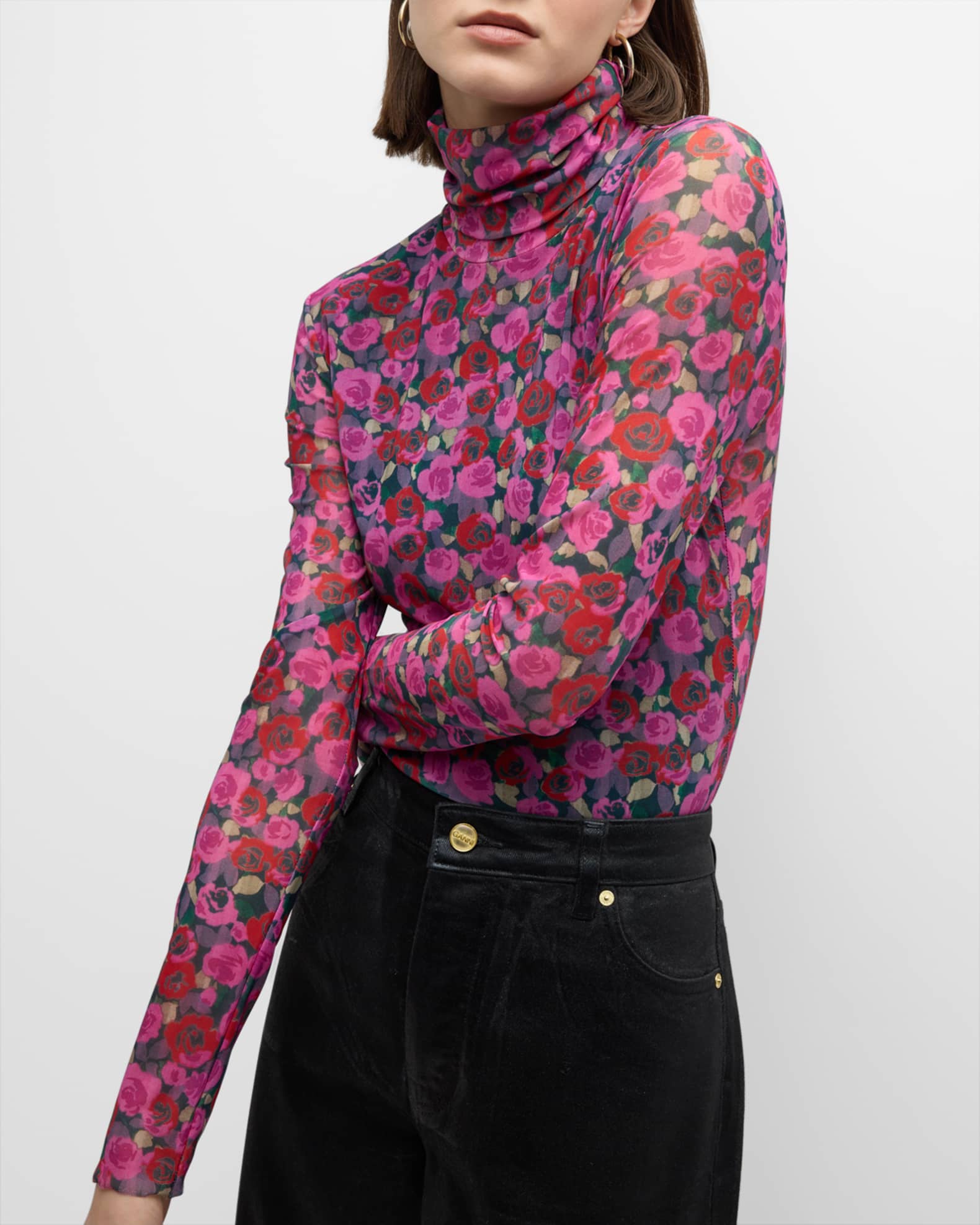 Ganni Floral Mesh Long-Sleeve Turtleneck Top | Neiman Marcus