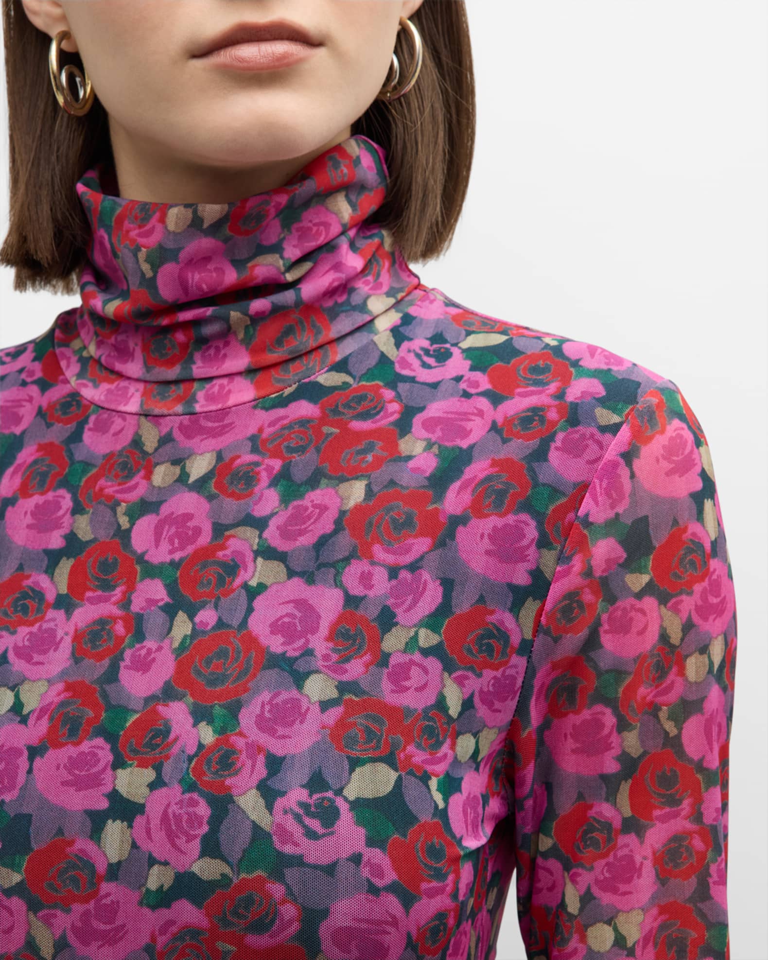 Ganni Floral Mesh Long-Sleeve Turtleneck Top | Neiman Marcus