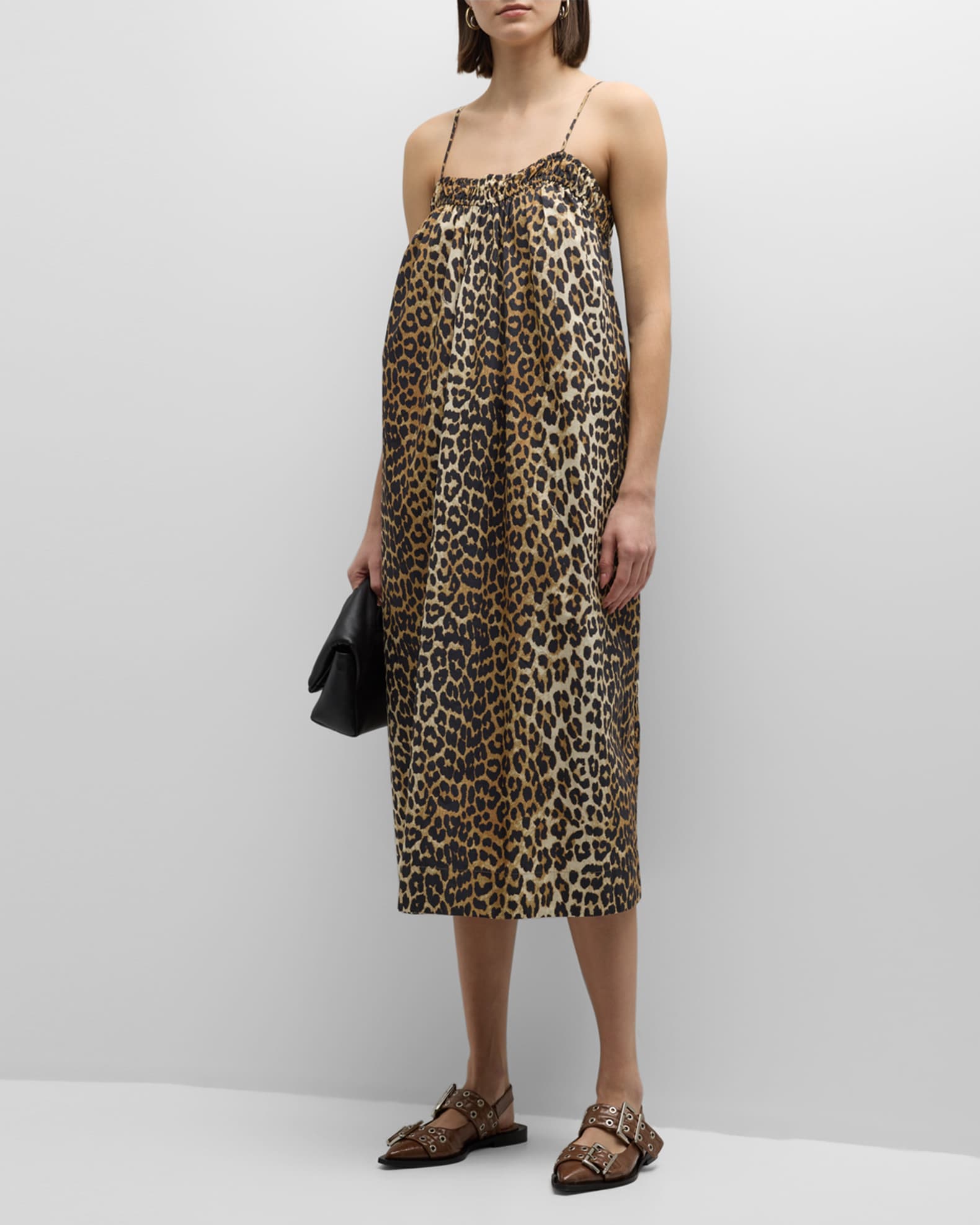 Ganni Spaghetti Strap Leopard Print Midi Dress Neiman Marcus