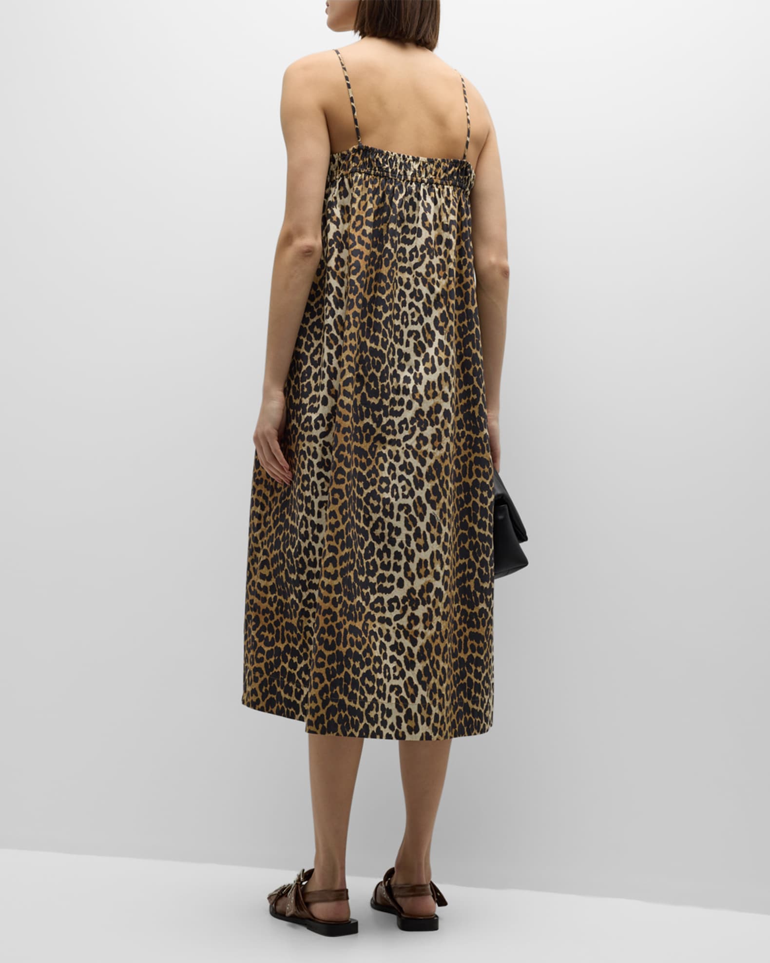 Ganni Spaghetti Strap Leopard-Print Midi Dress | Neiman Marcus