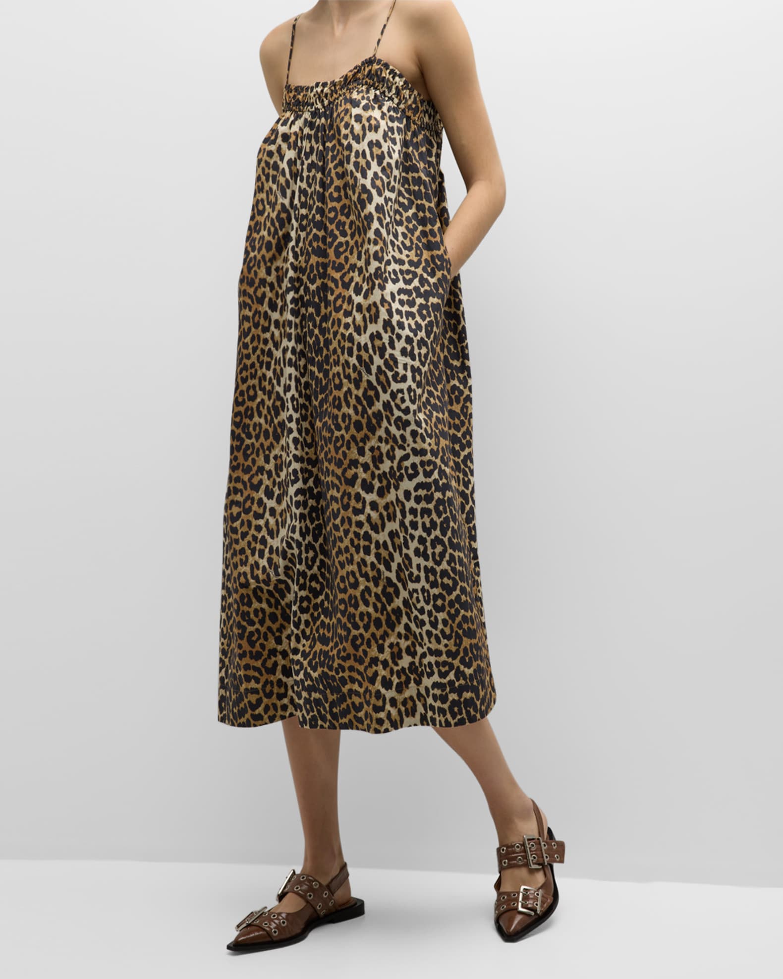 Ganni Spaghetti Strap Leopard Print Midi Dress Neiman Marcus