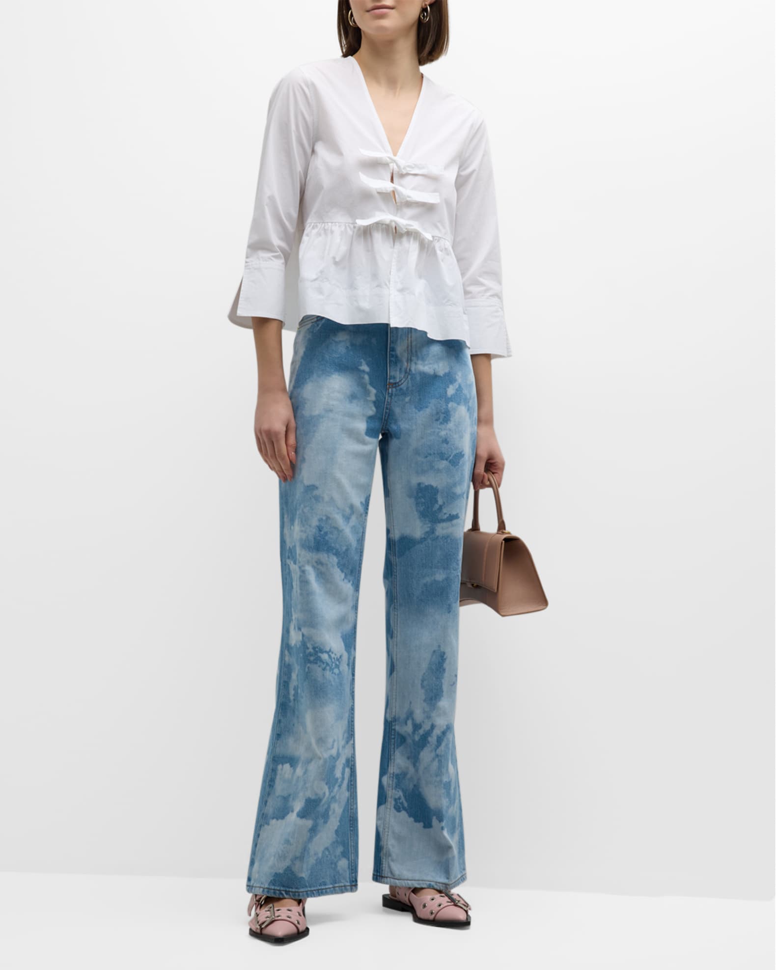 Ganni Tie-Front Cotton Poplin Blouse | Neiman Marcus