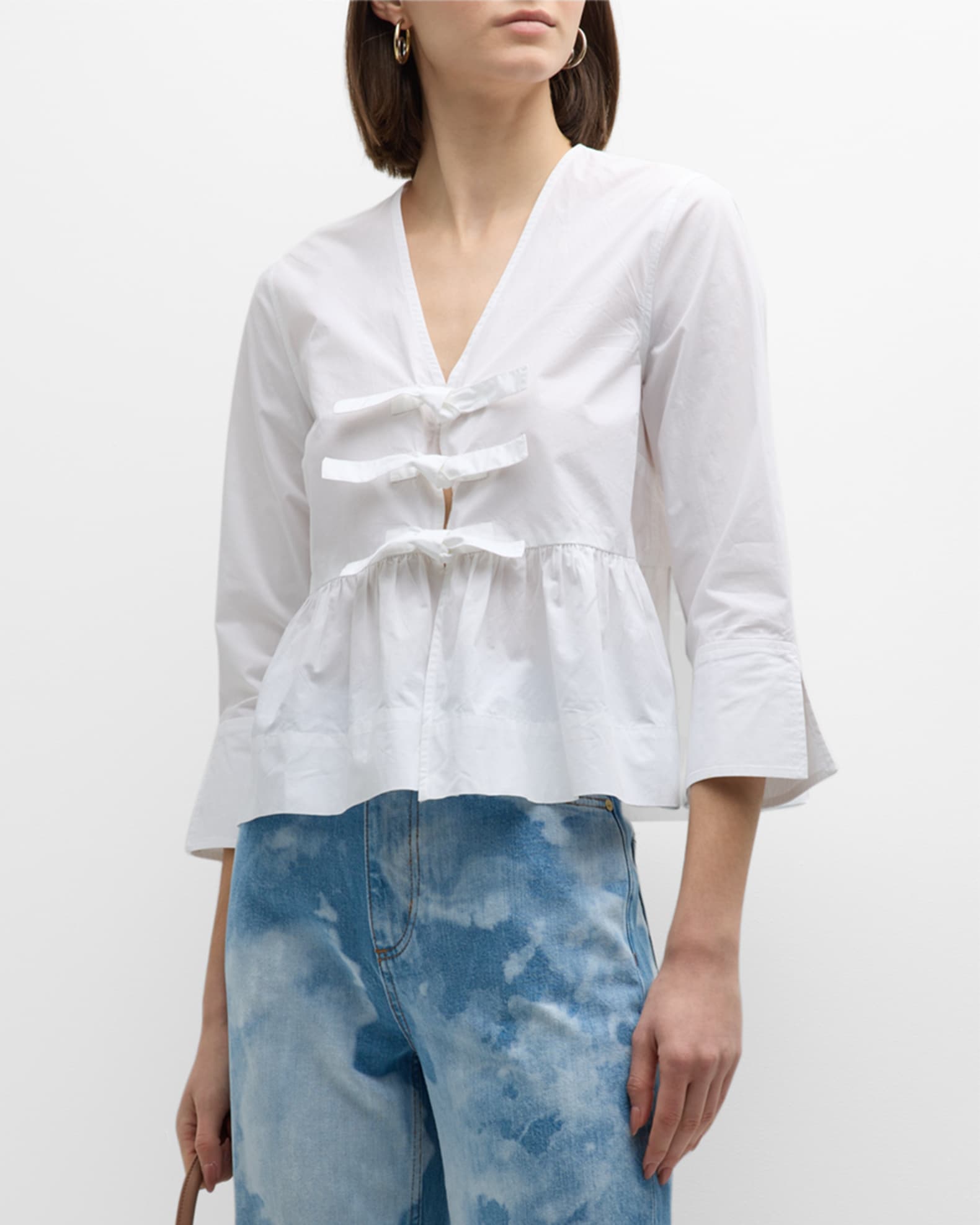 Ganni Tie-Front Cotton Poplin Blouse | Neiman Marcus
